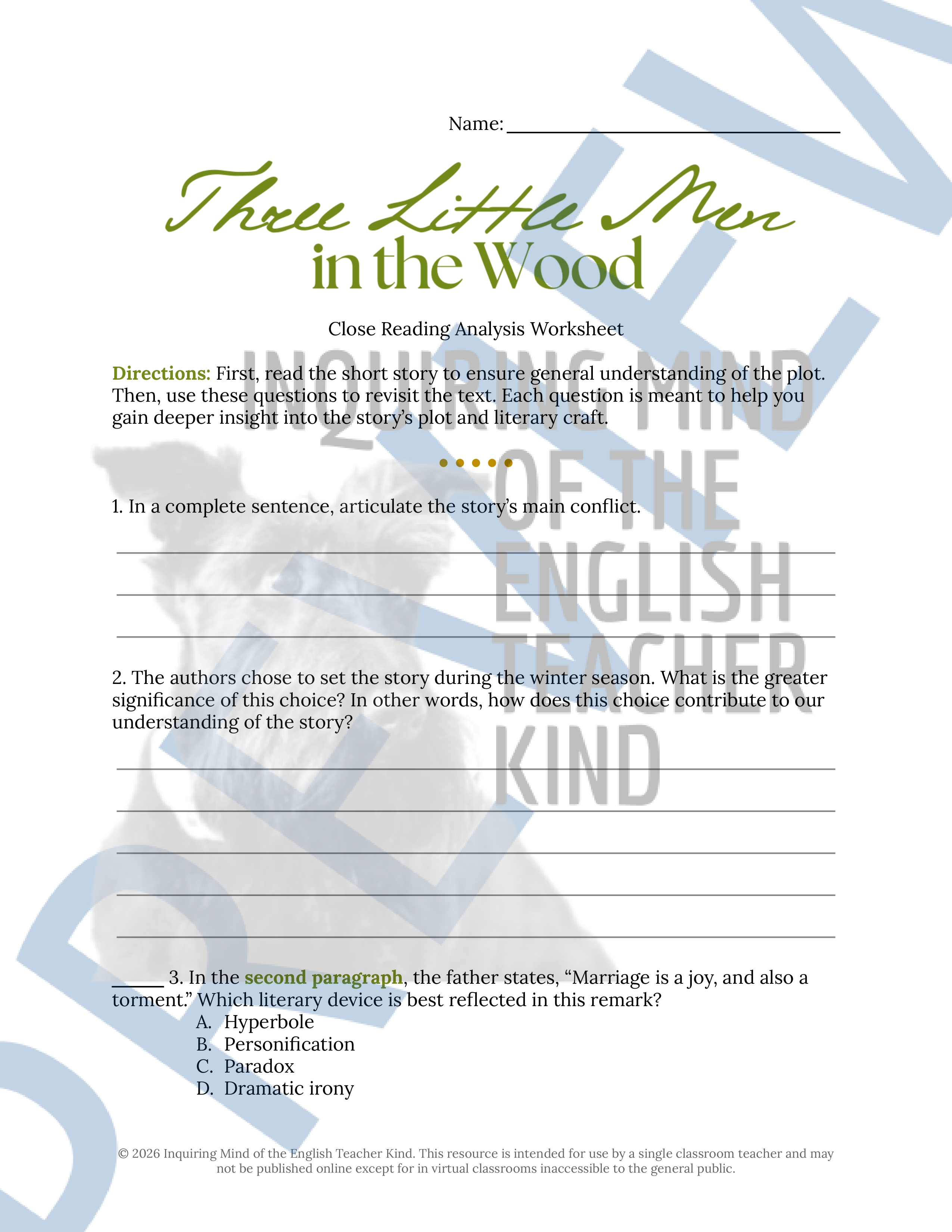 "The Three Little Men in the Wood" Close Reading Analysis Worksheet ...