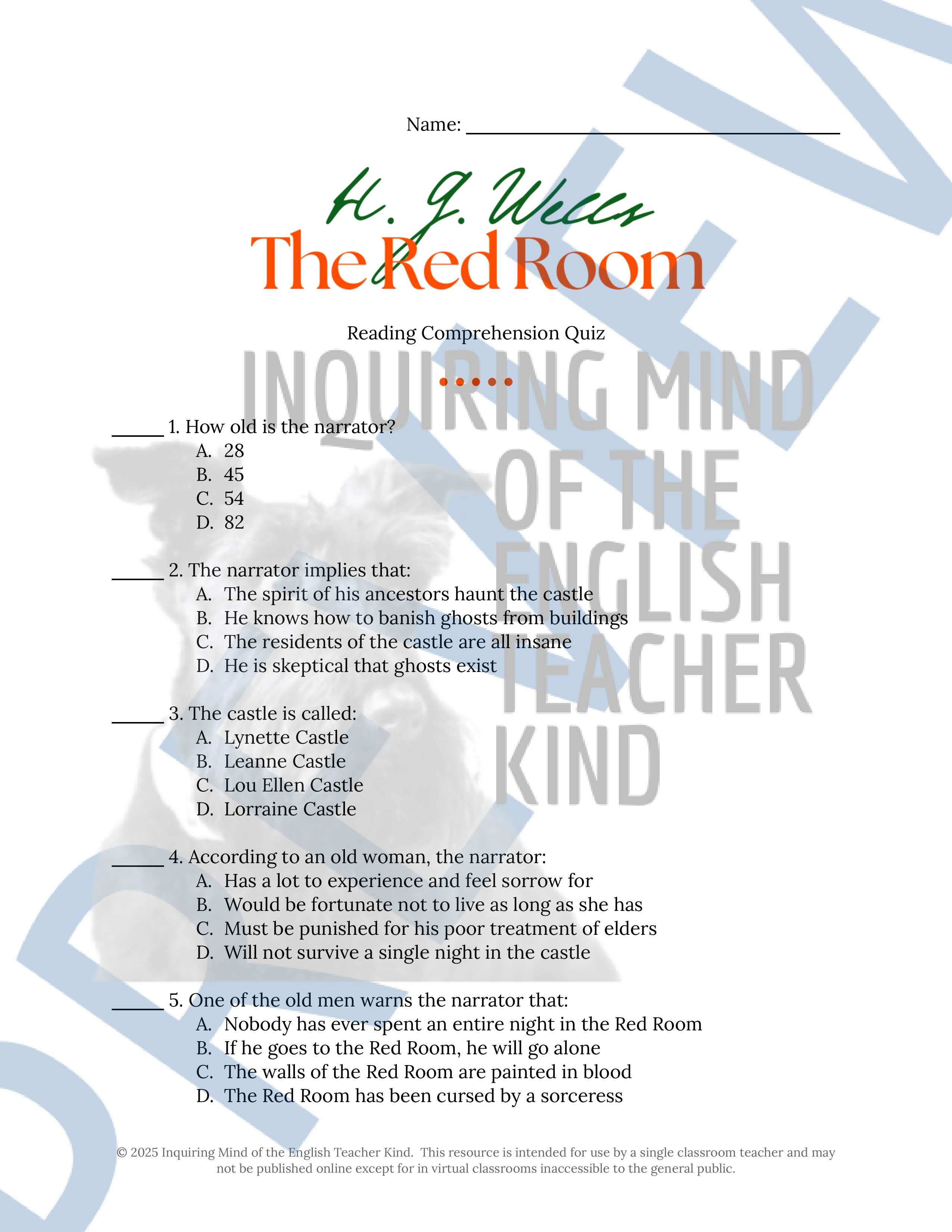 "The Red Room" by H. G. Wells Quiz and Answer Key (Halloween Short ...