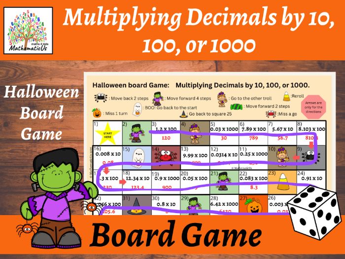 Multiplying Decimals by 10 100 1000 Halloween Maths Board Game ...