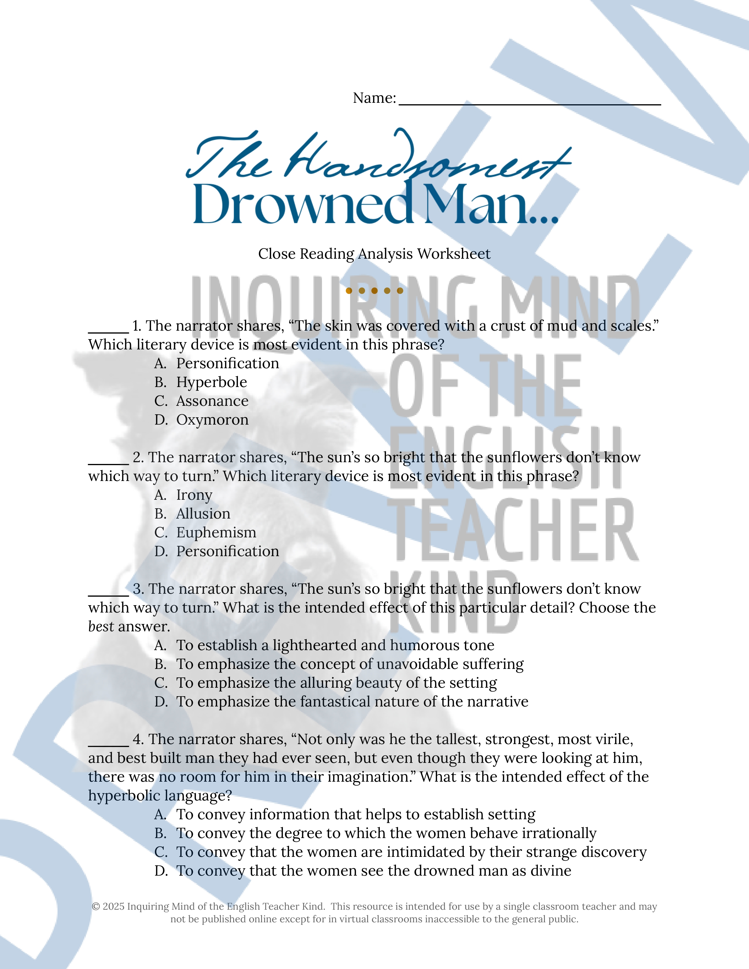 "The Handsomest Drowned Man in the World" Close Reading Worksheet ...