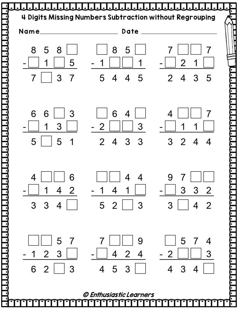 4-Digits Subtraction without Borrowing Missing Numbers Worksheets ...
