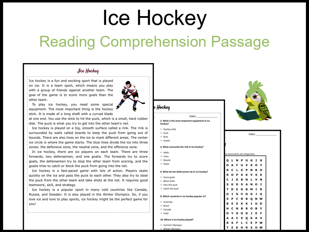 Ice Hockey Reading Comprehension and Word Search | Teaching Resources