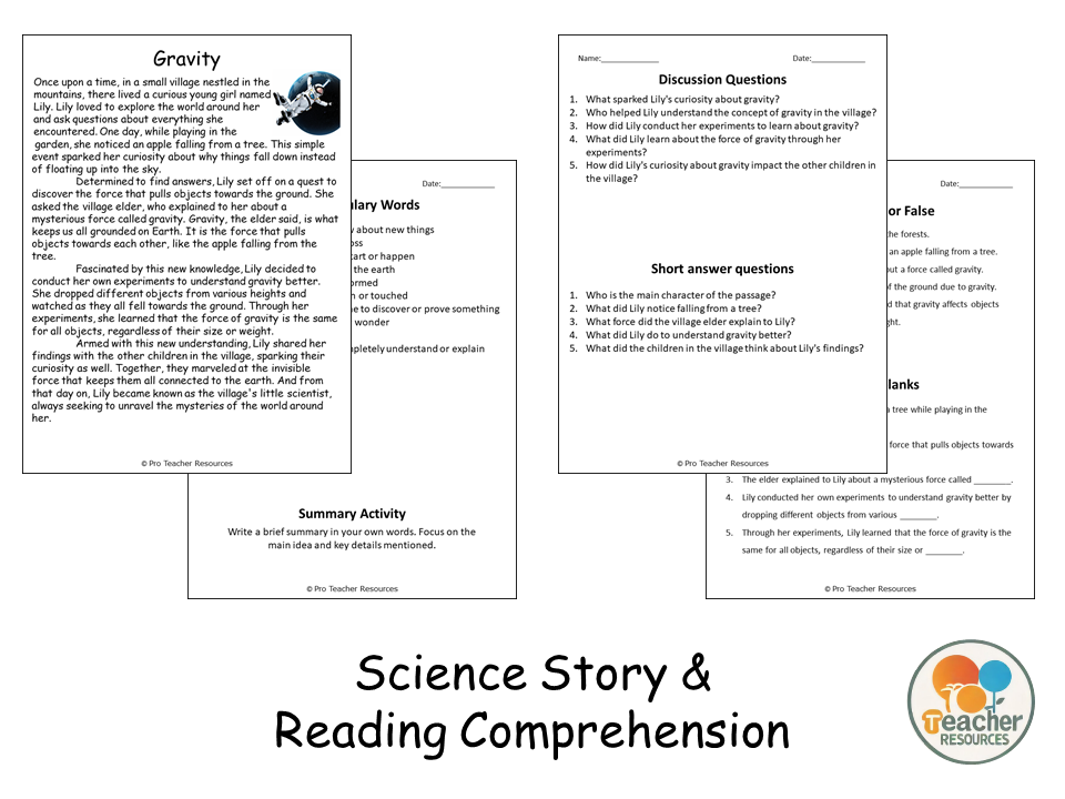 Gravity Reading Science Story Comprehension Questions Worksheet ...