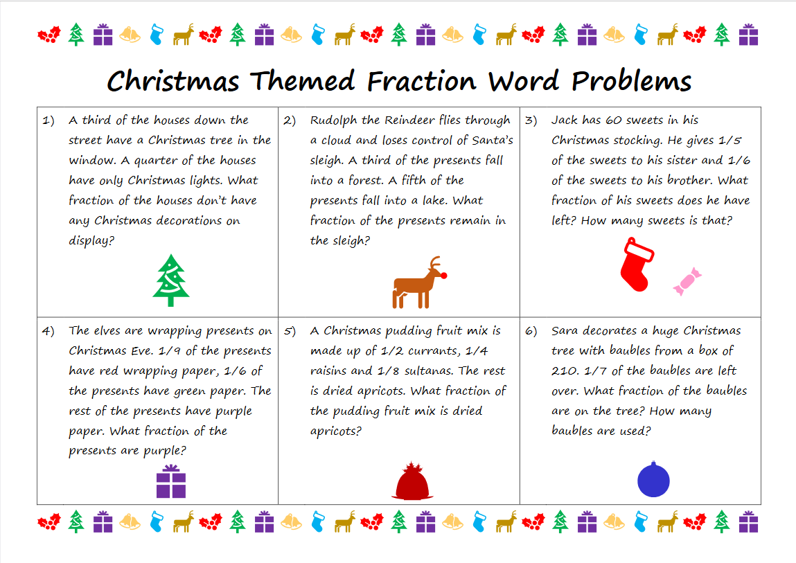 Christmas Fraction Word Problem Differentiated Worksheets with Answers ...