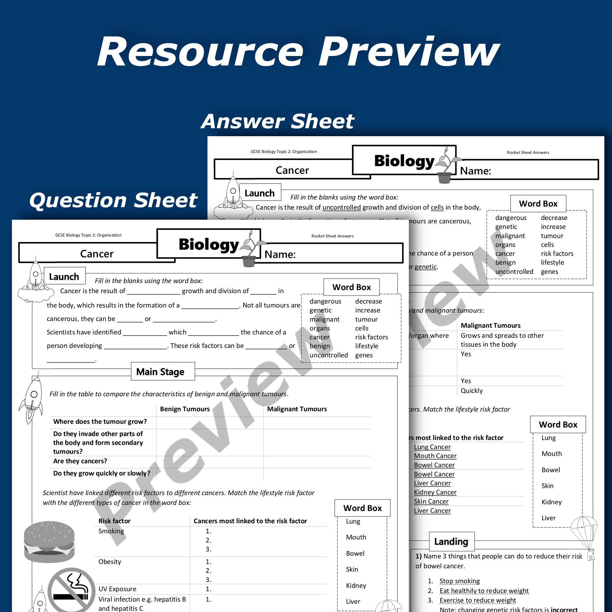 Cancer Home Learning Worksheet GCSE | Teaching Resources