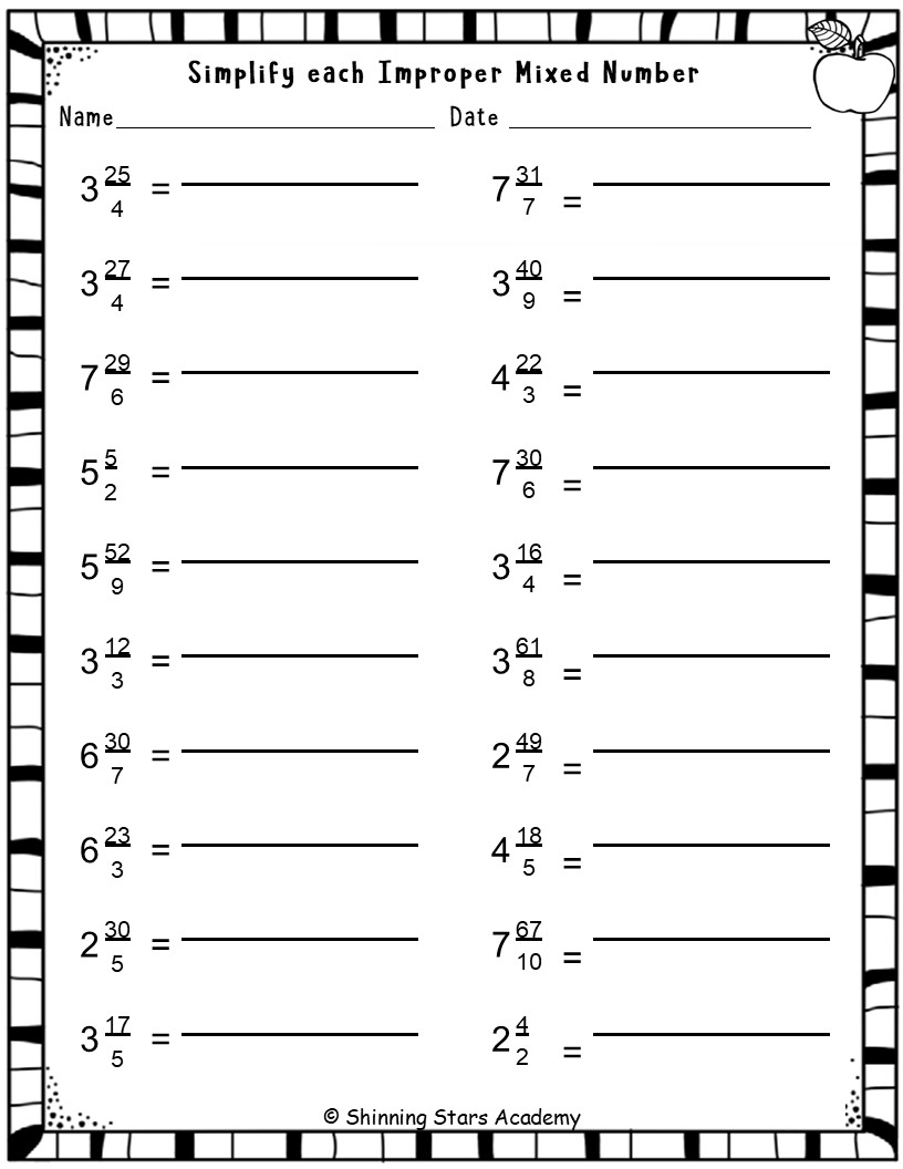 Simplify Improper Mixed Number Worksheets | Converting & Reducing ...