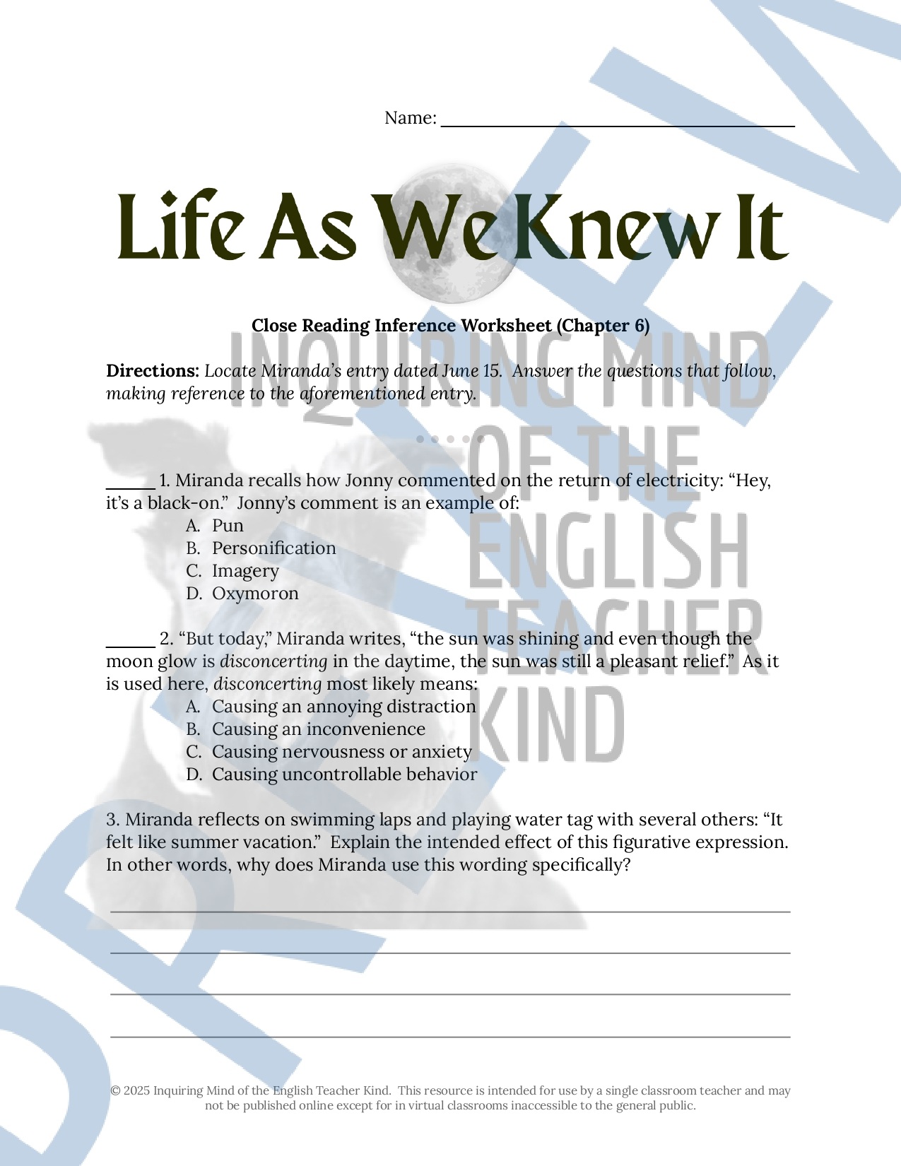 Life As We Knew It Chapter 6 Close Reading Inference Worksheet and ...