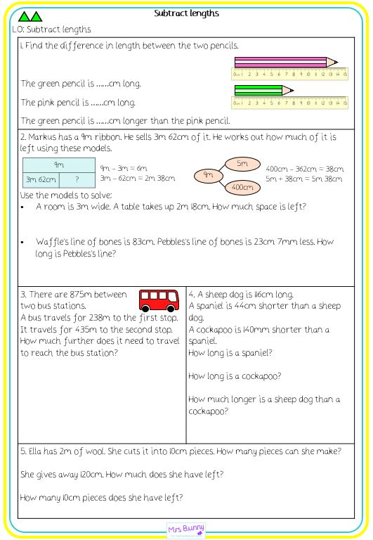 6 Measurement Subtract Lengths Worksheets Y3 Teaching Resources