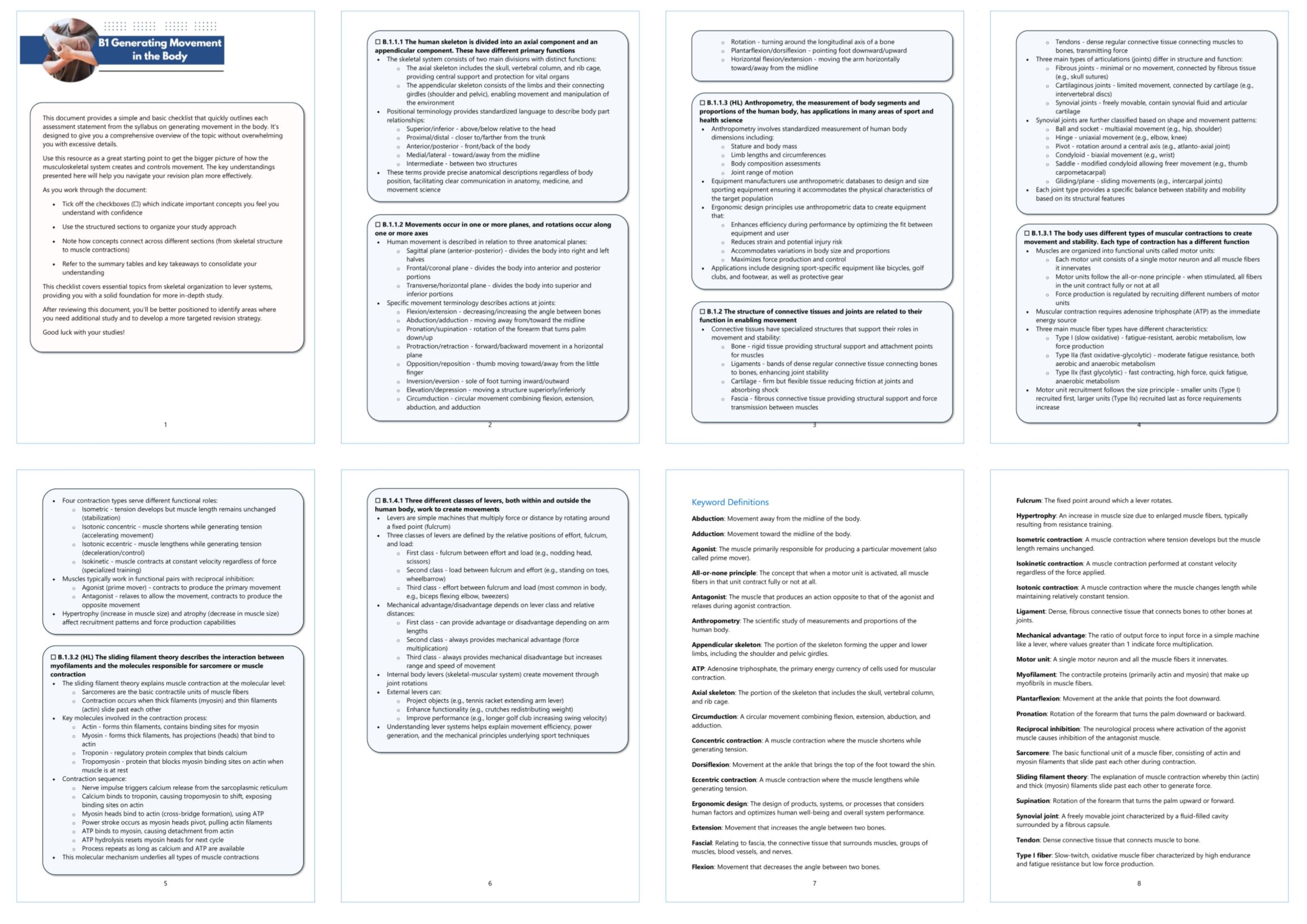 IB DP SEHS: B1 Body Movement – Condensed Topic Revision Notes (2026 ...