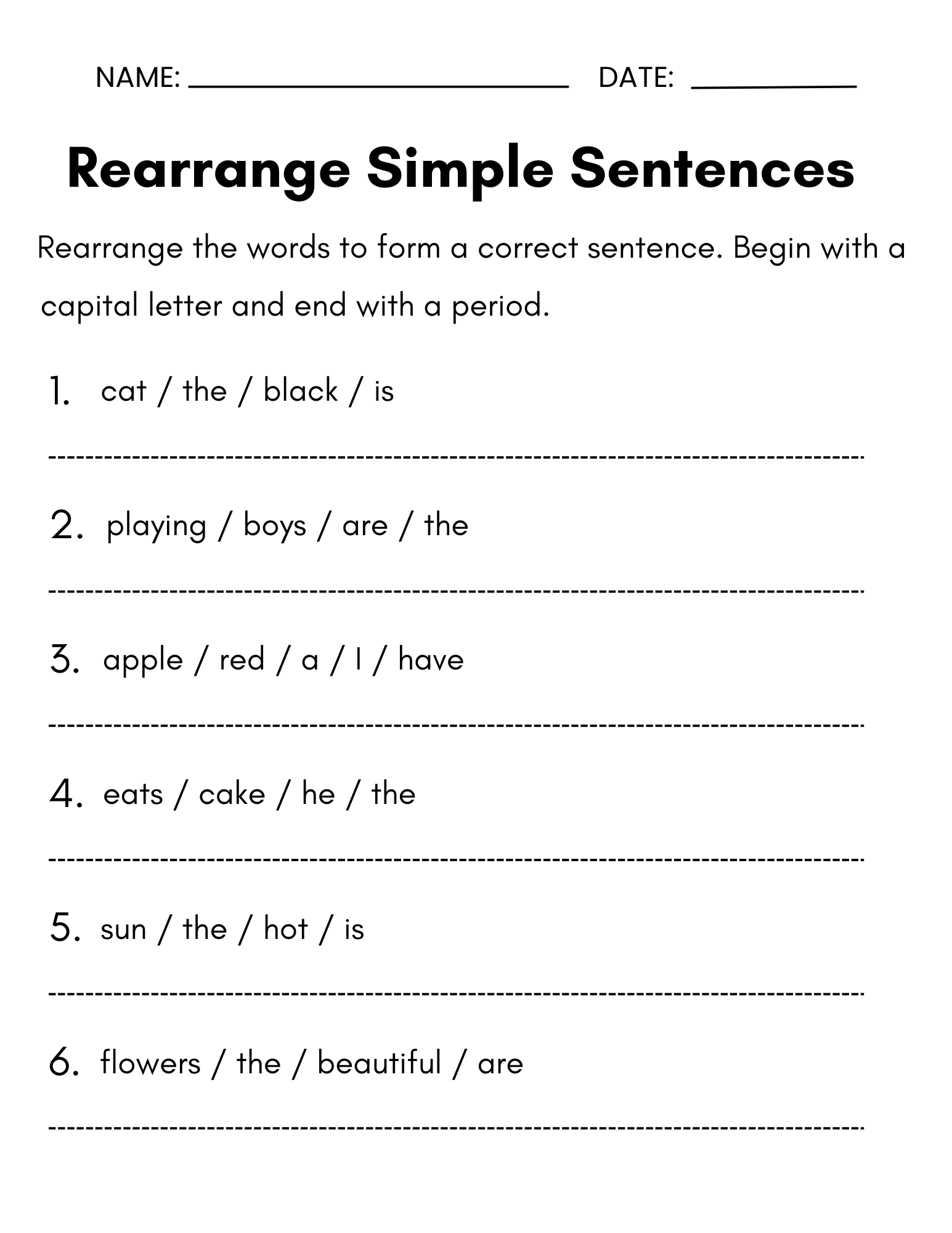 Simple Rearrange Sentences Worksheets | Teaching Resources