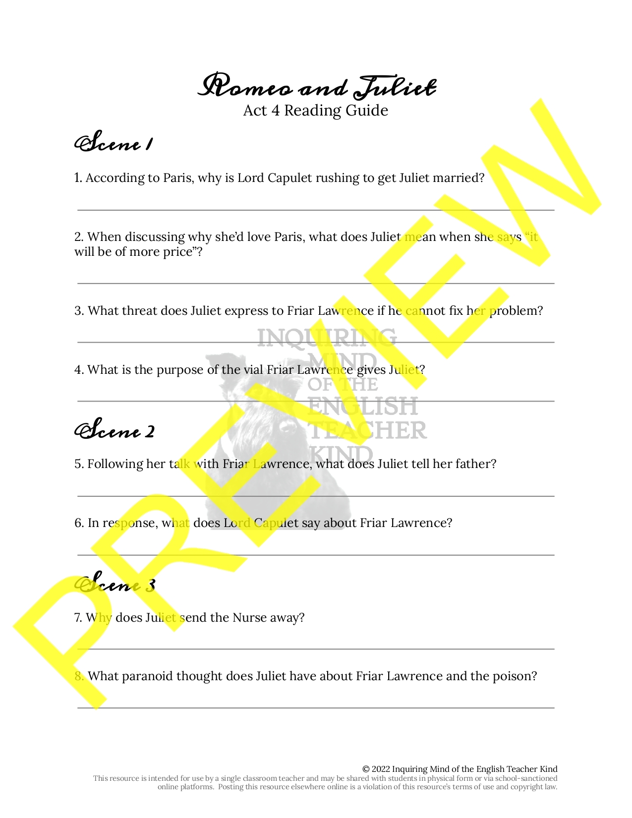 Romeo and Juliet Act 4 Reading Guide and Answer Key | Teaching Resources