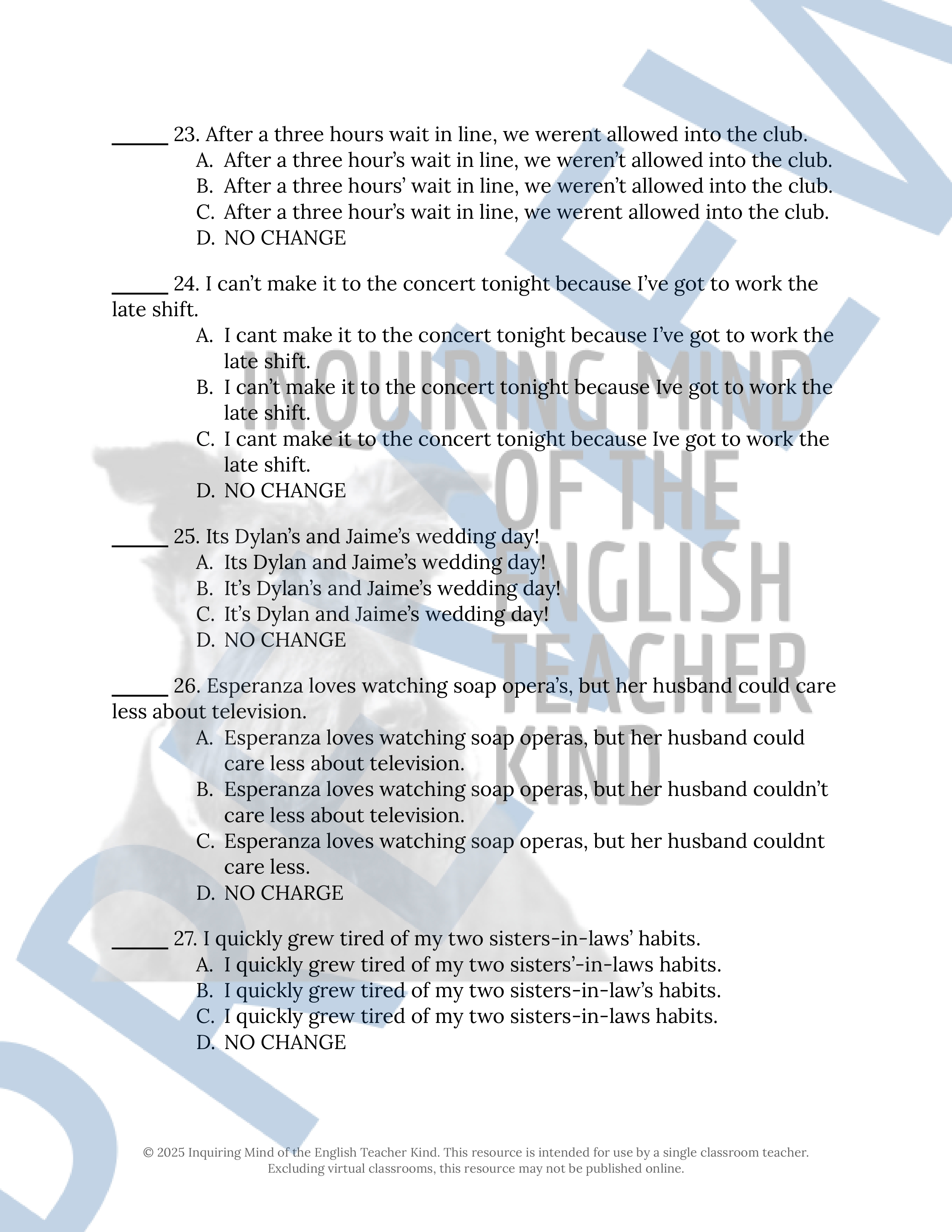 Grammar Review Practice Worksheet on Apostrophe Usage with Answer Key ...