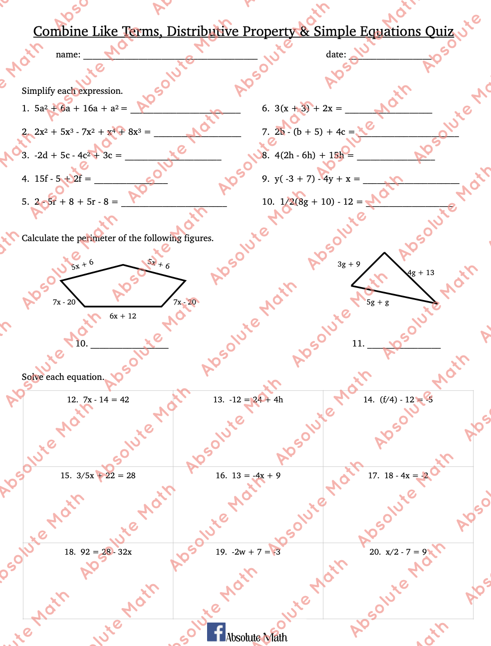 Combine Like Terms, Distributive Property and Simple Equations Quiz ...