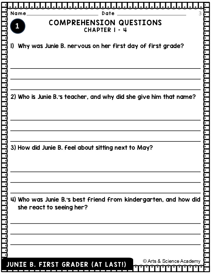 JUNIE B. JONES FIRST GRADER (AT LAST!) Novel Study Comprehension ...