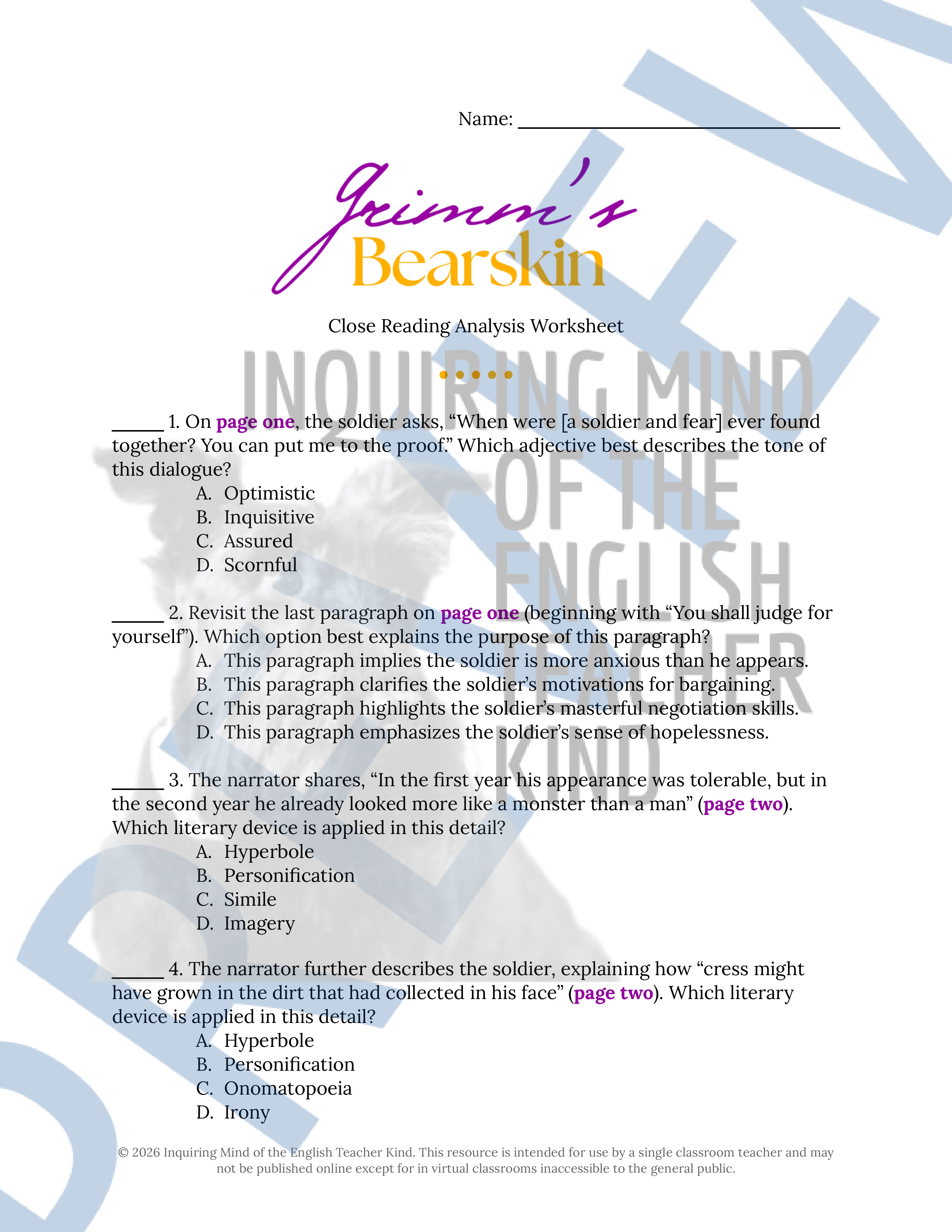 "Bearskin" by the Brothers Grimm Close Reading Analysis Worksheet ...