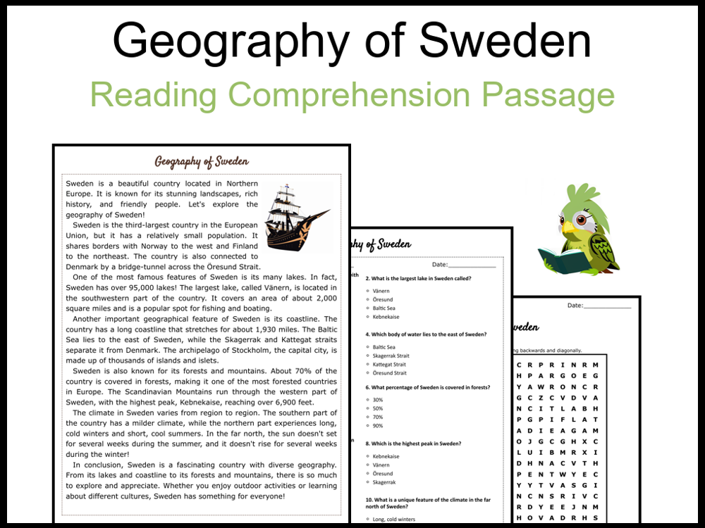 Geography of Sweden Reading Comprehension and Word Search | Teaching ...