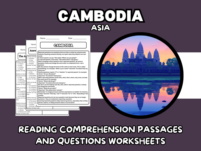 Cambodia - Asia Reading Comprehension Passages & Questions Worksheets ...