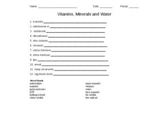 Vitamins, Minerals, and Water in Food Science Word Scramble | Teaching ...