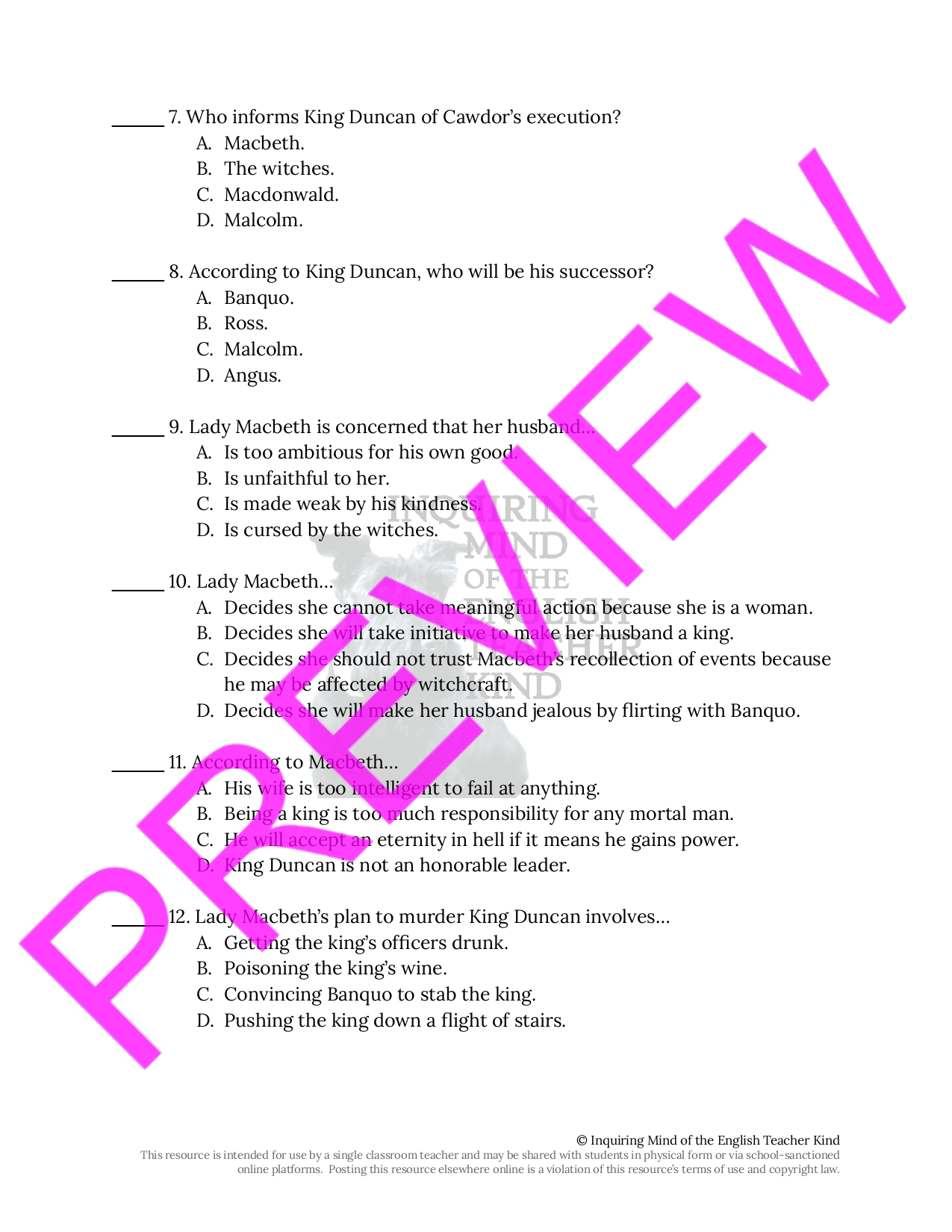 Macbeth Act 1 Quiz and Answer Key | Teaching Resources