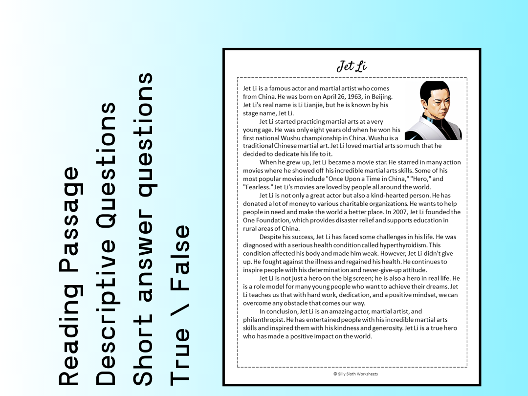 Jet Li Biography Reading Comprehension Passage Printable Worksheet PDF ...