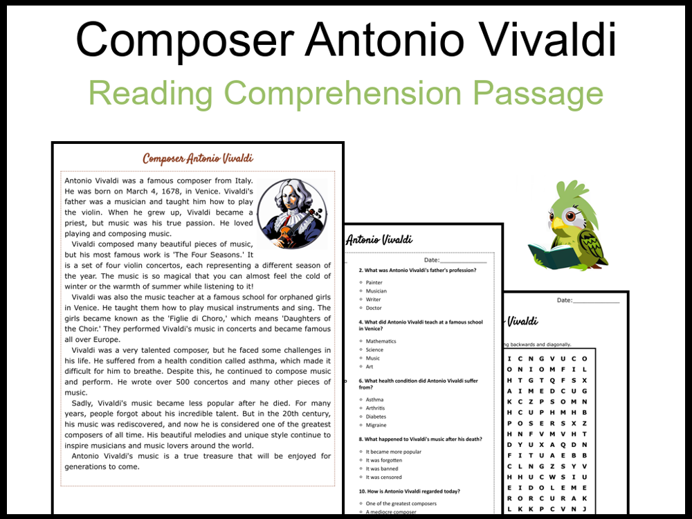 Composer Antonio Vivaldi Reading Comprehension and Word Search ...