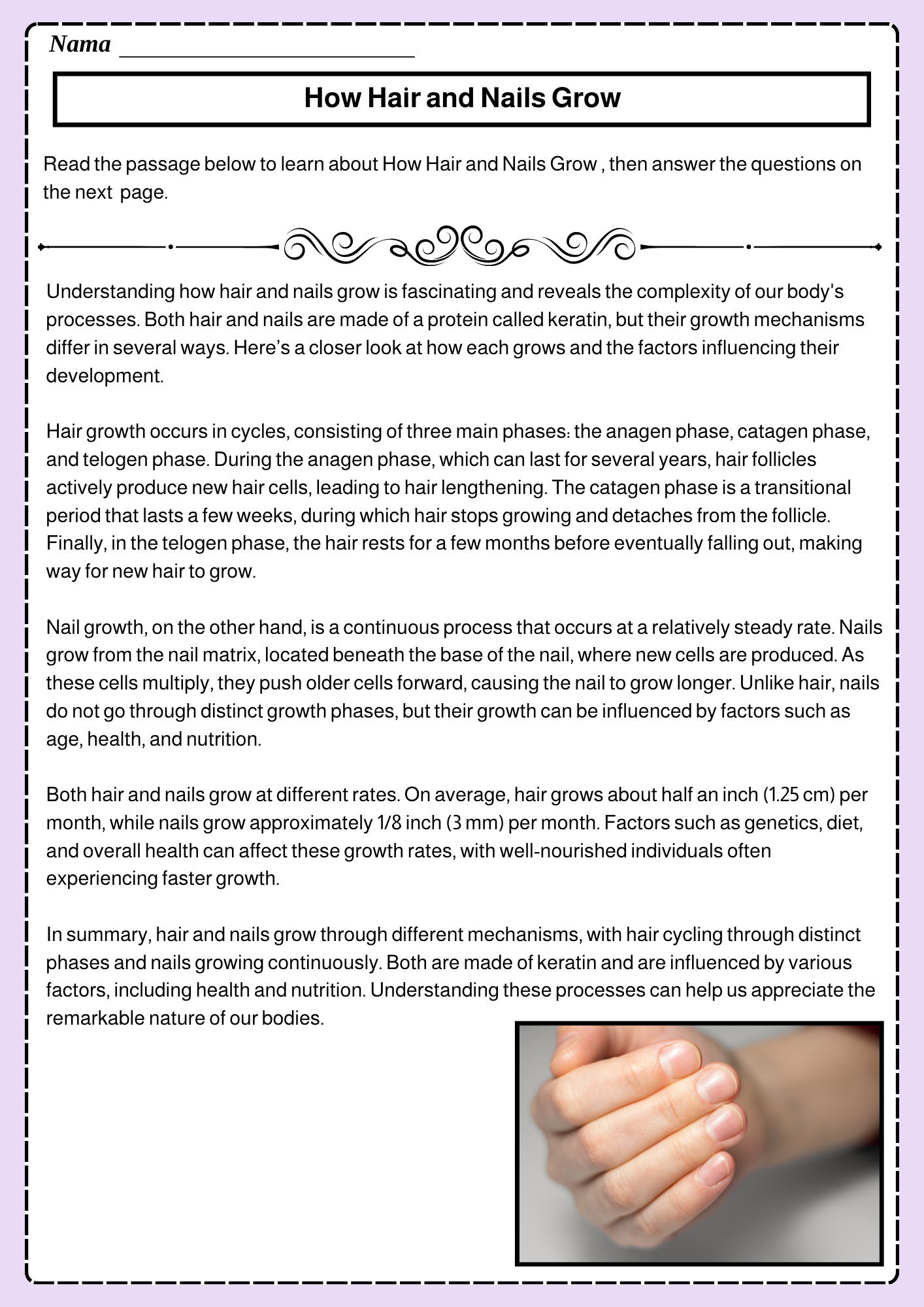 How Hair and Nails Grow Reading Comprehension Passages & Questions ...