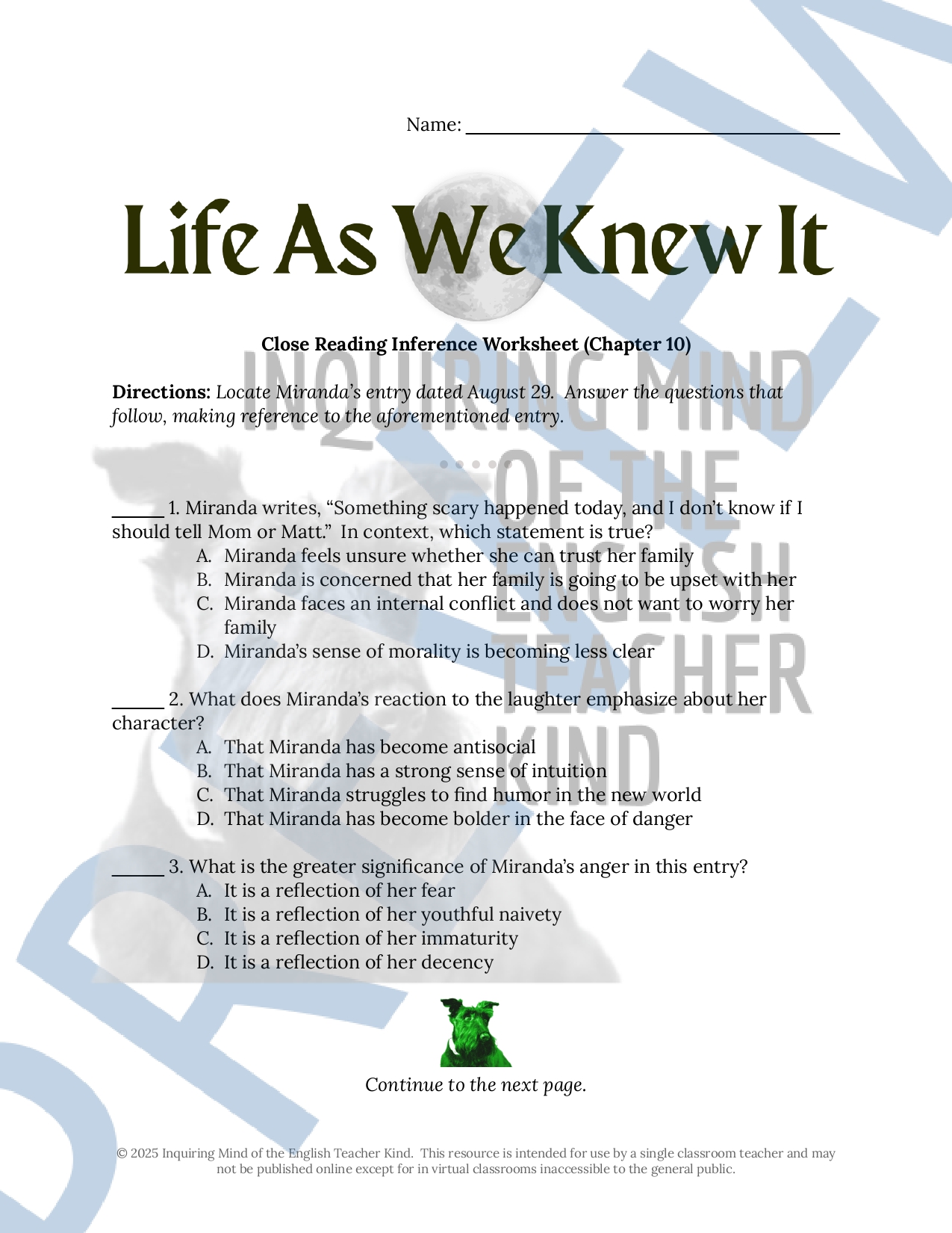 Life As We Knew It Chapter 10 Close Reading Inference Worksheet and ...