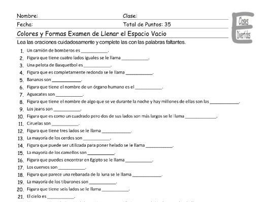 Colors And Shapes Spanish Fill In The Blanks Exam Teaching Resources Colors And Shapes Spanish Fill In The Blanks Exam Teaching Resources
