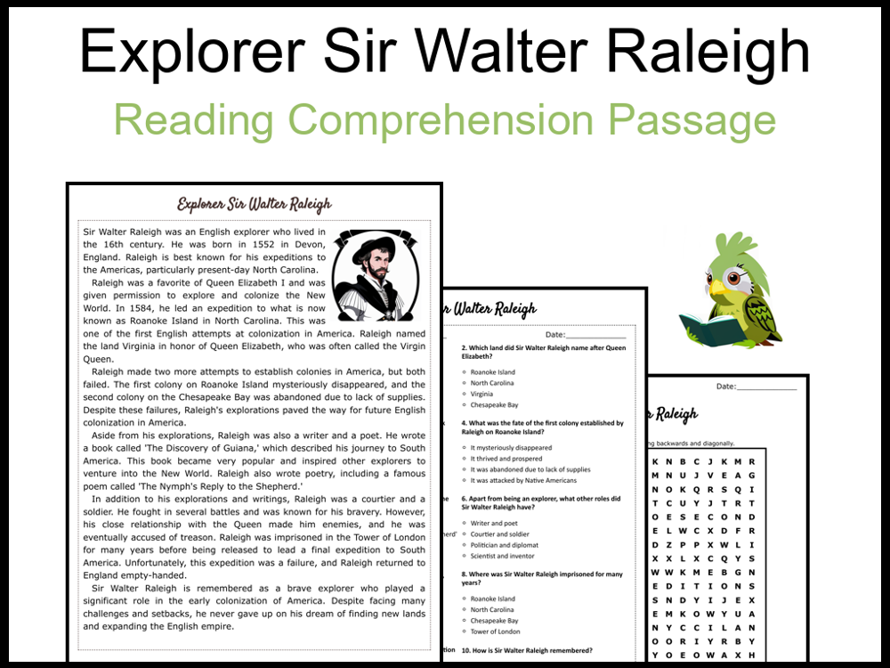 Explorer Sir Walter Raleigh Reading Comprehension and Word Search ...