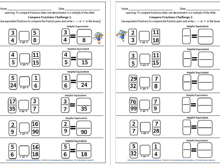 Fractions Year 6 Compare Fractions Differentiated Challenge Sheets
