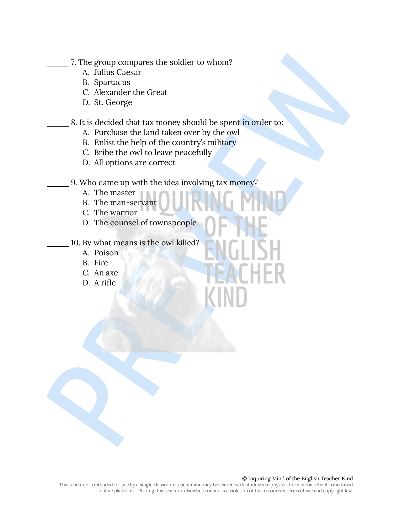 "The Owl" by the Brothers Grimm Quiz and Answer Key | Teaching Resources