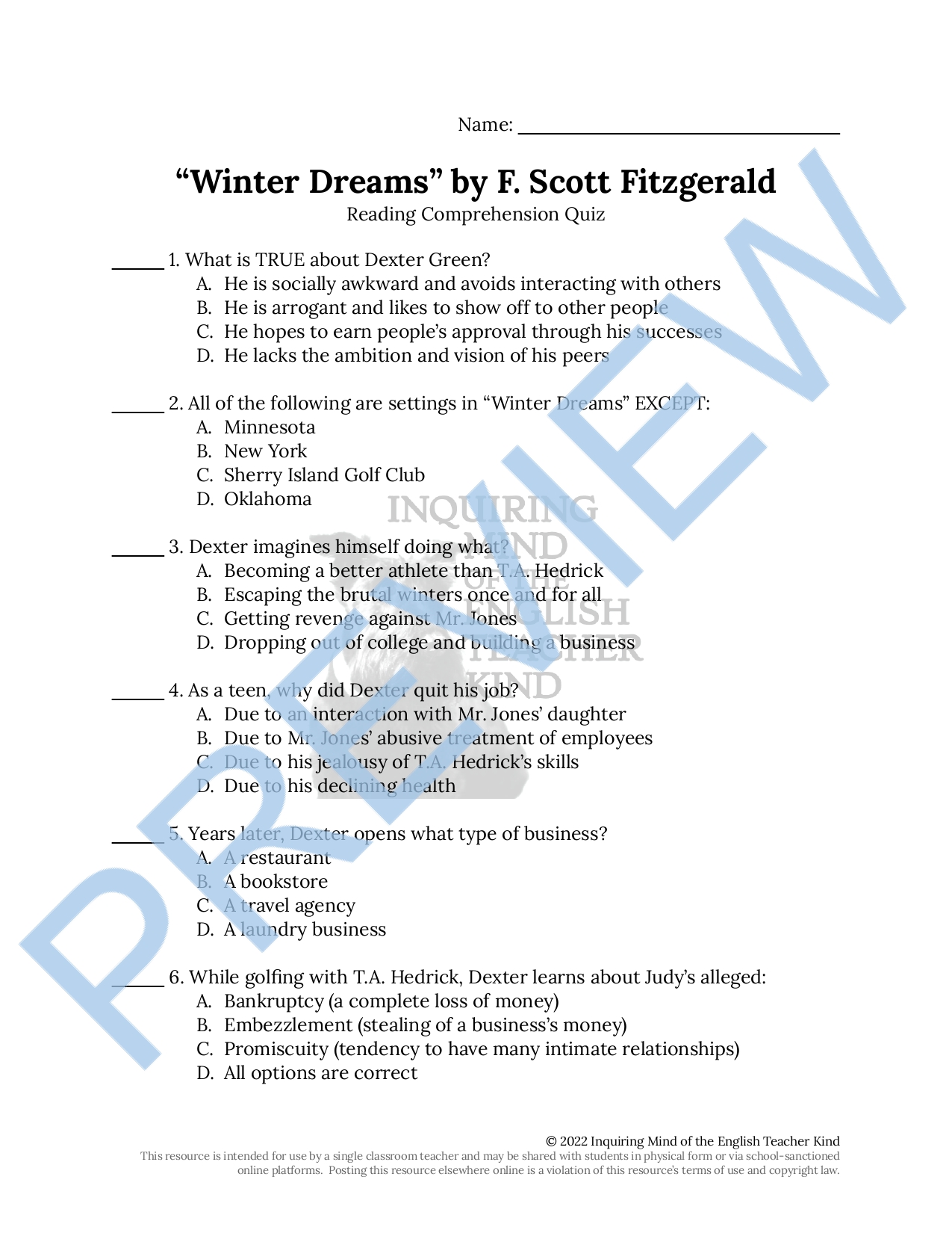 “Winter Dreams” by F. Scott Fitzgerald Quiz and Answer Key | Teaching ...