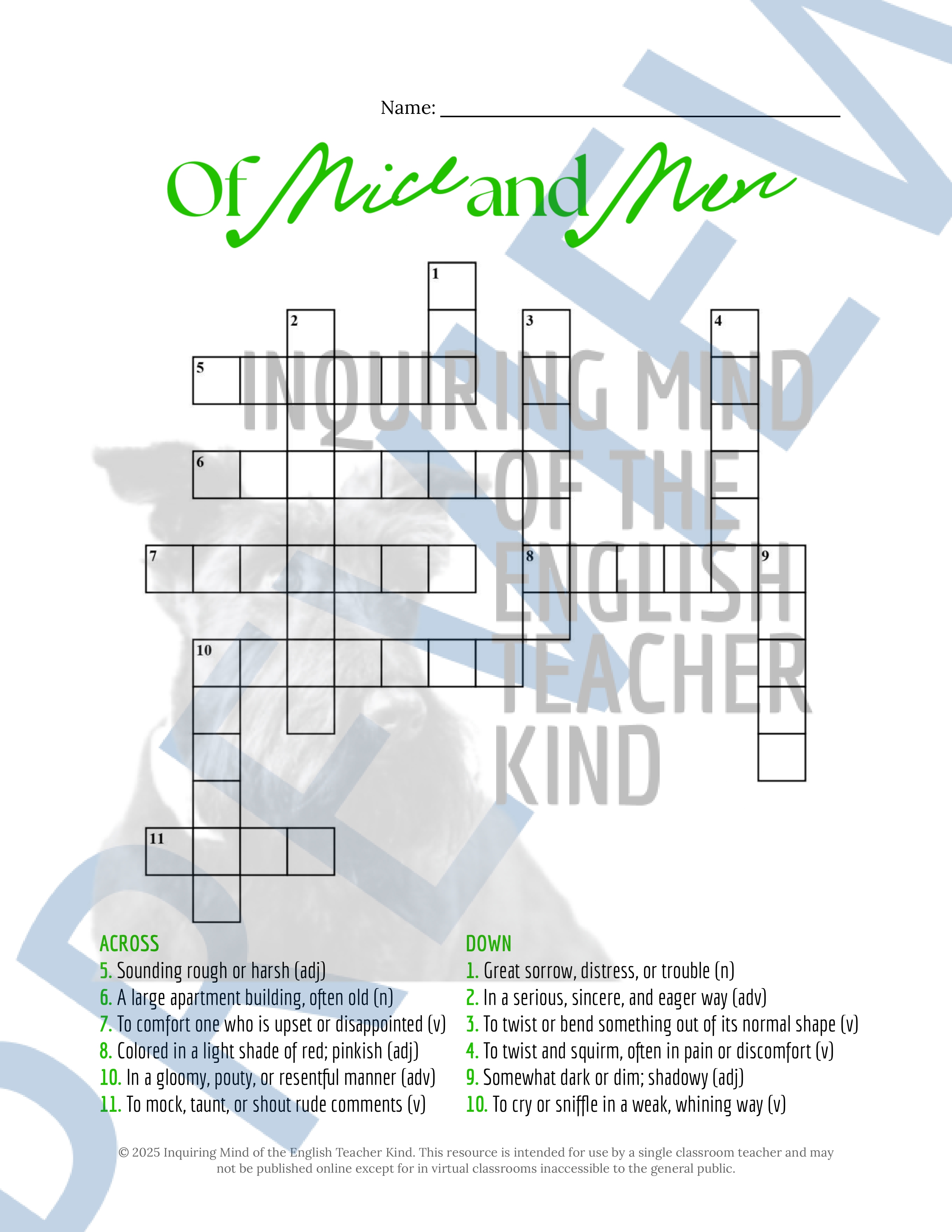 Of Mice and Men Chapter 5 Vocabulary Activities | Crossword Puzzle ...
