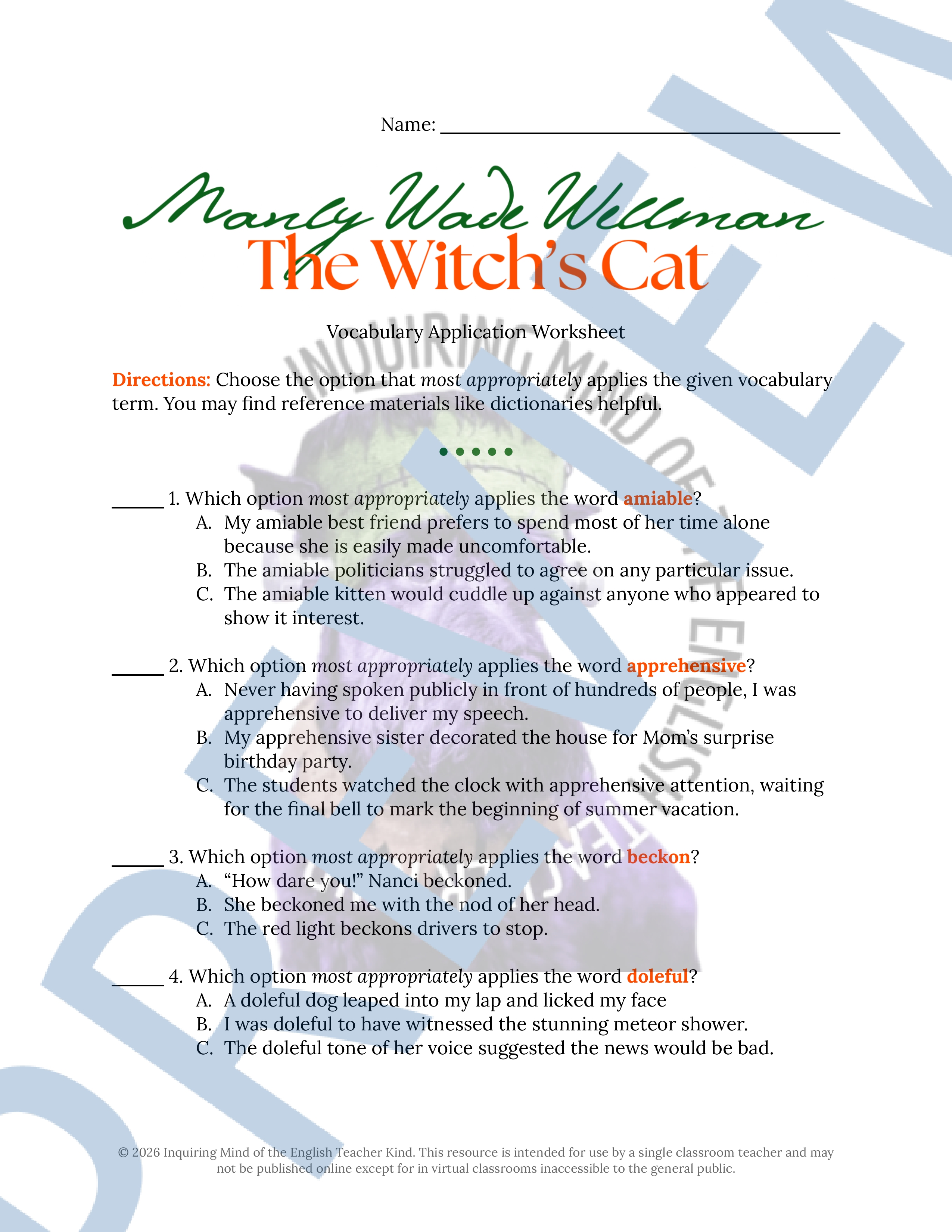 "The Witch's Cat" Vocabulary Worksheet, Crossword Puzzle, and Word ...