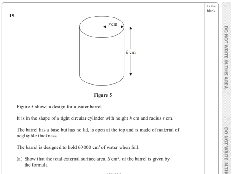 Differentiation Optimisation Edexcel A Level Maths Exam Questions