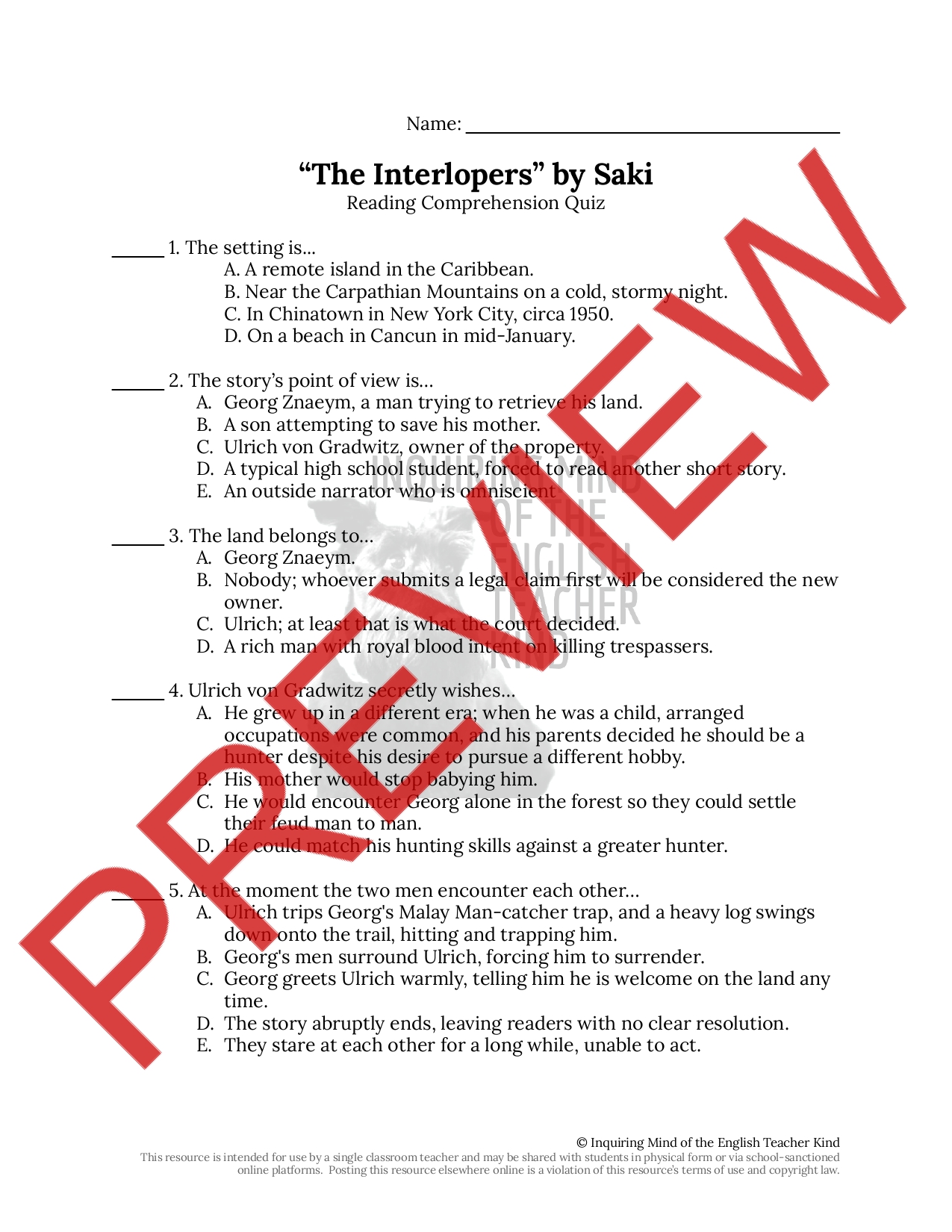 "The Interlopers" by Saki Quiz and Answer Key | Teaching Resources