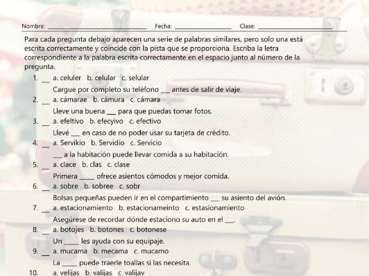 Travel Items and Modes Spelling Challenge Spanish Worksheet | Teaching ...