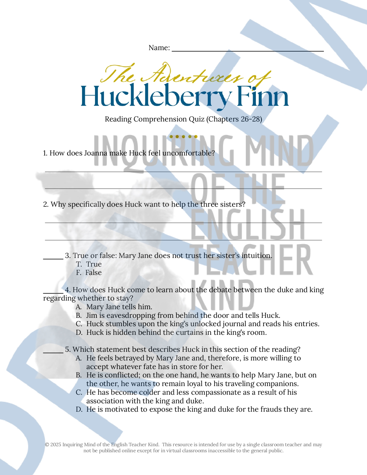 The Adventures of Huckleberry Finn Chapters 26, 27, and 28 Quiz and ...