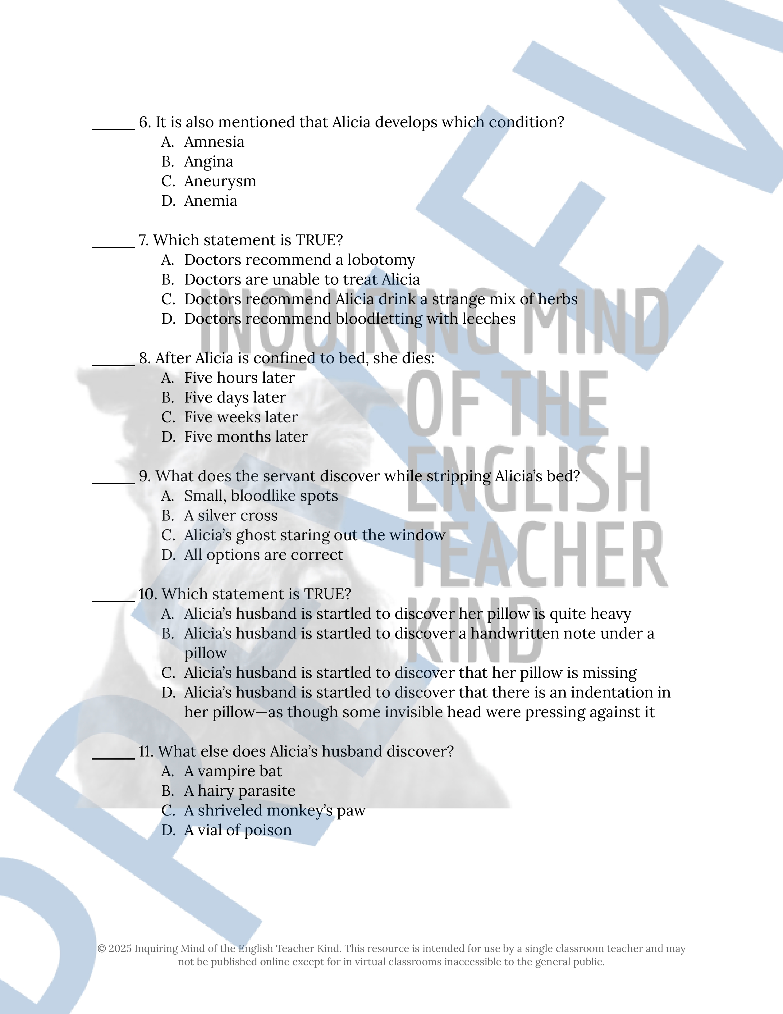 "The Feather Pillow" by Horacio Quiroga Quiz and Answer Key ...