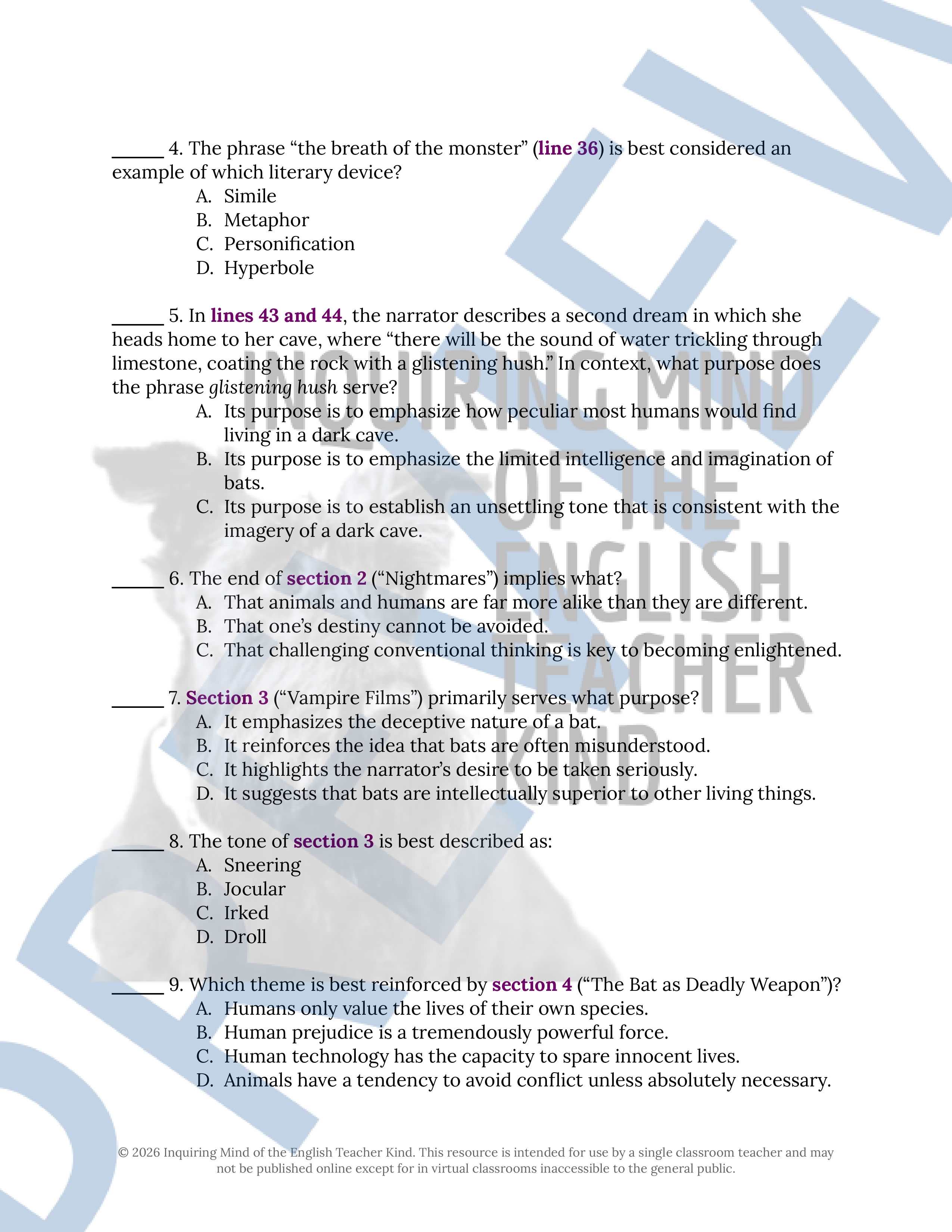 "My Life as a Bat" by Margaret Atwood Close Reading Analysis Worksheet ...