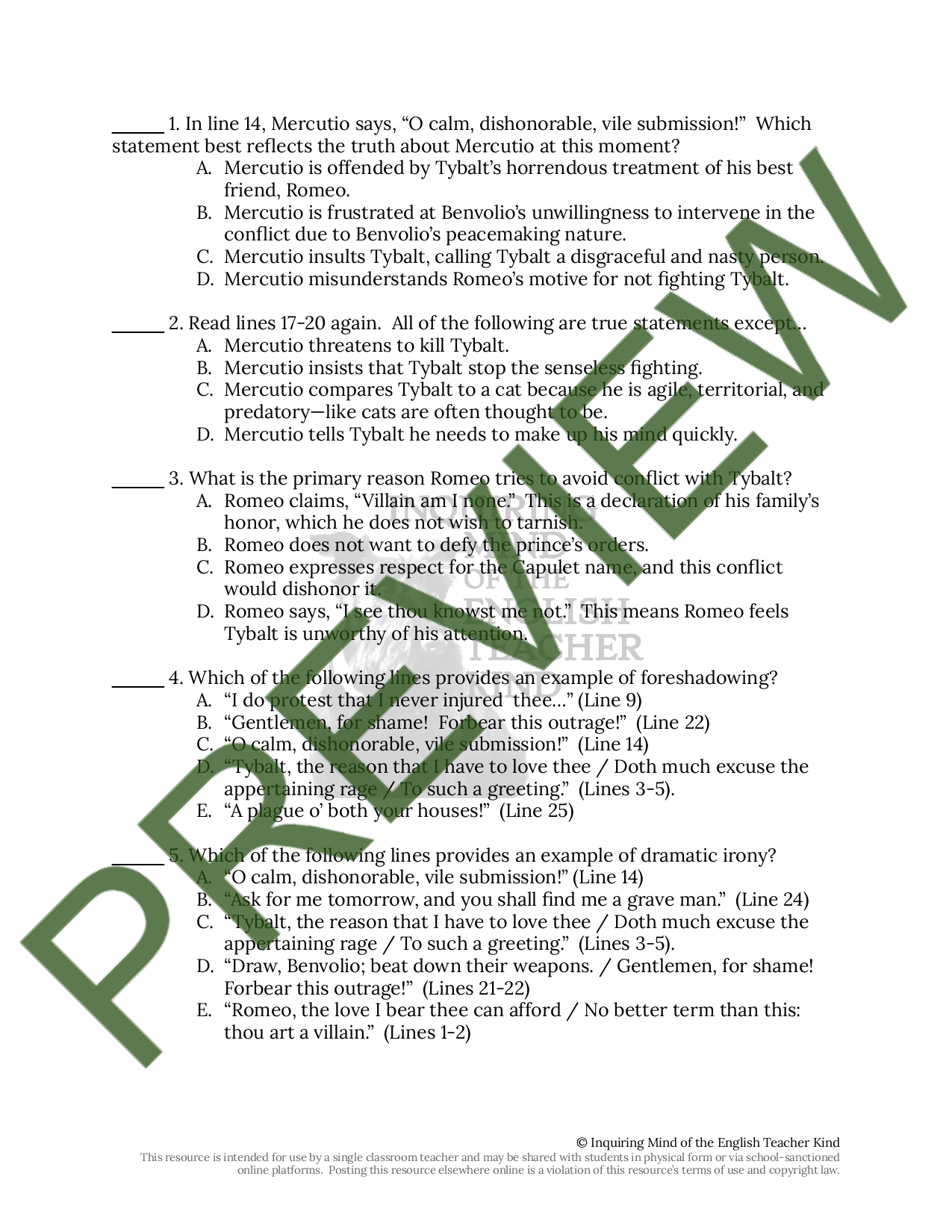 Romeo and Juliet Act 3 Scene 1 Close Reading Worksheet | Teaching Resources