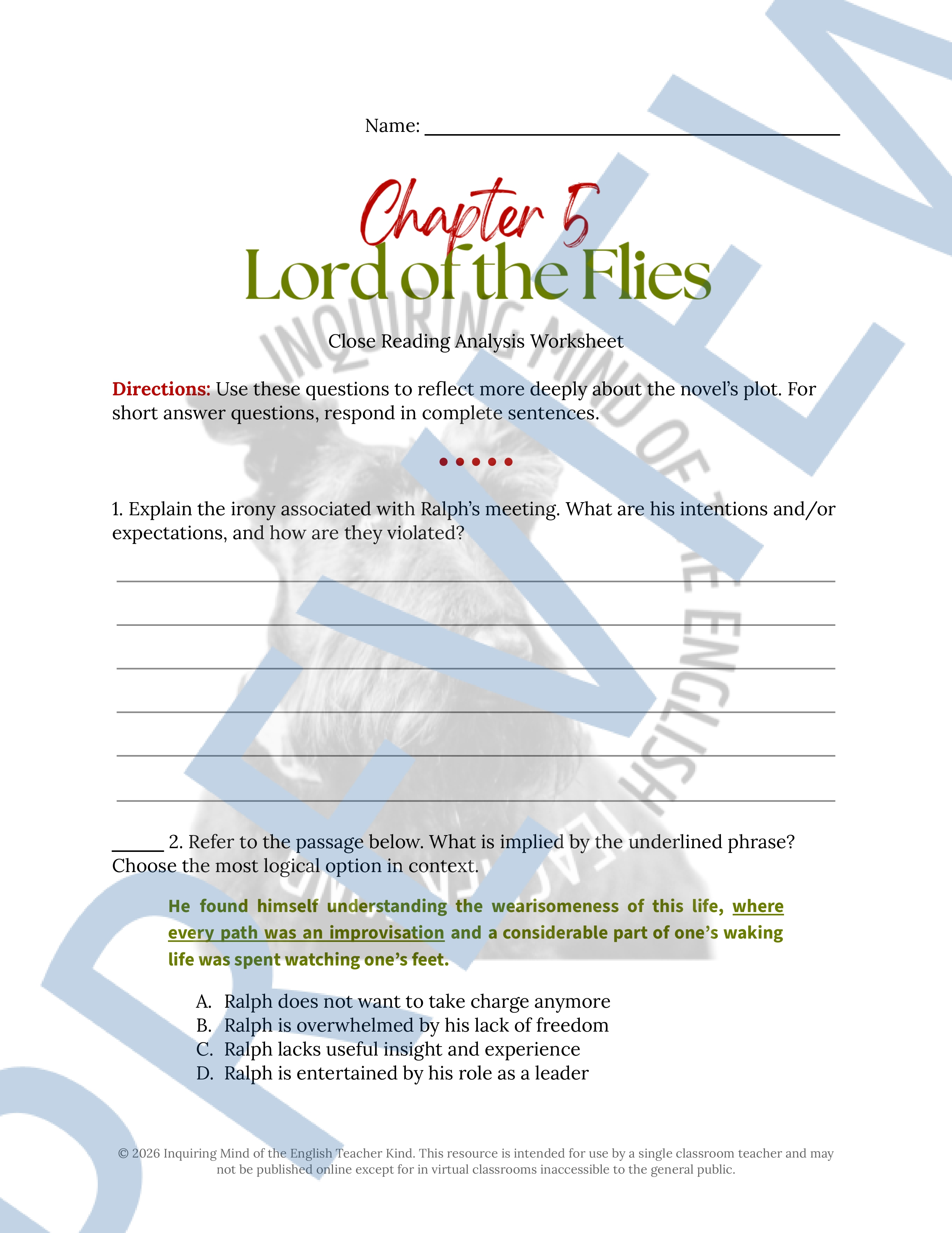 Lord of the Flies Chapter 5 Close Reading Analysis Worksheet | Teaching ...
