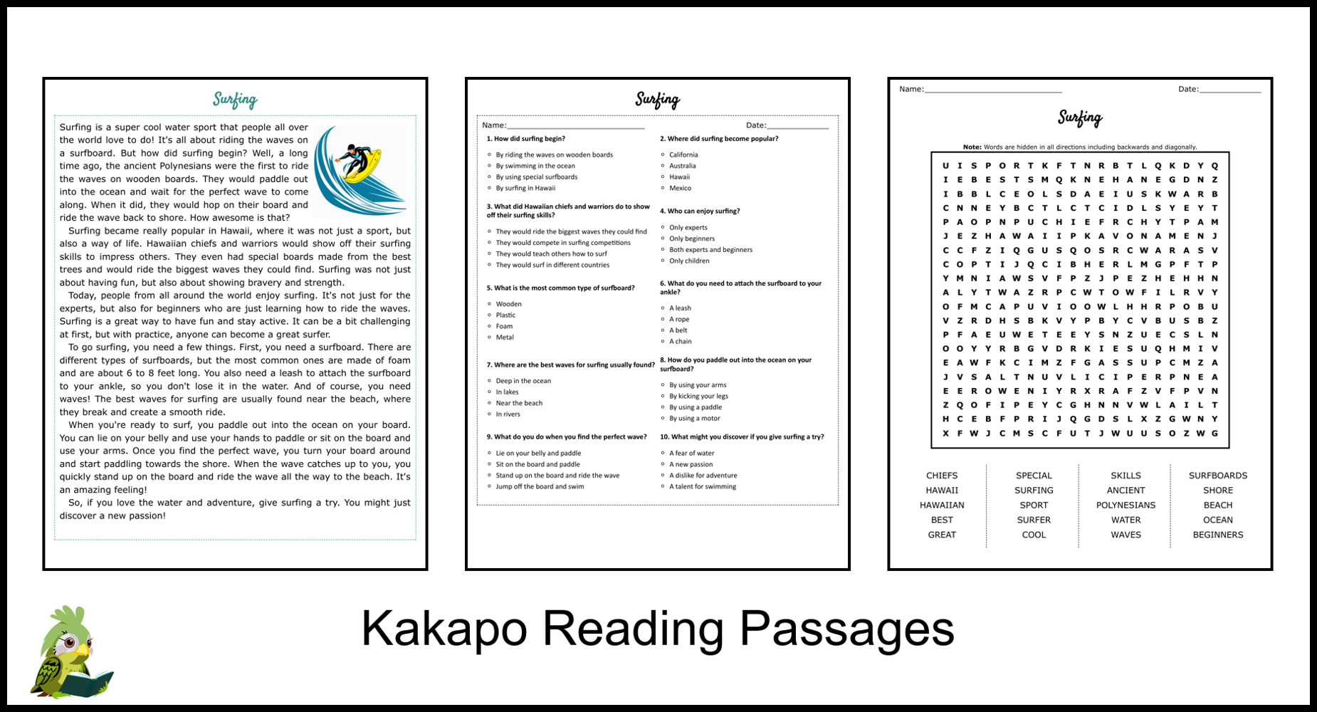 Surfing Reading Comprehension and Word Search | Teaching Resources