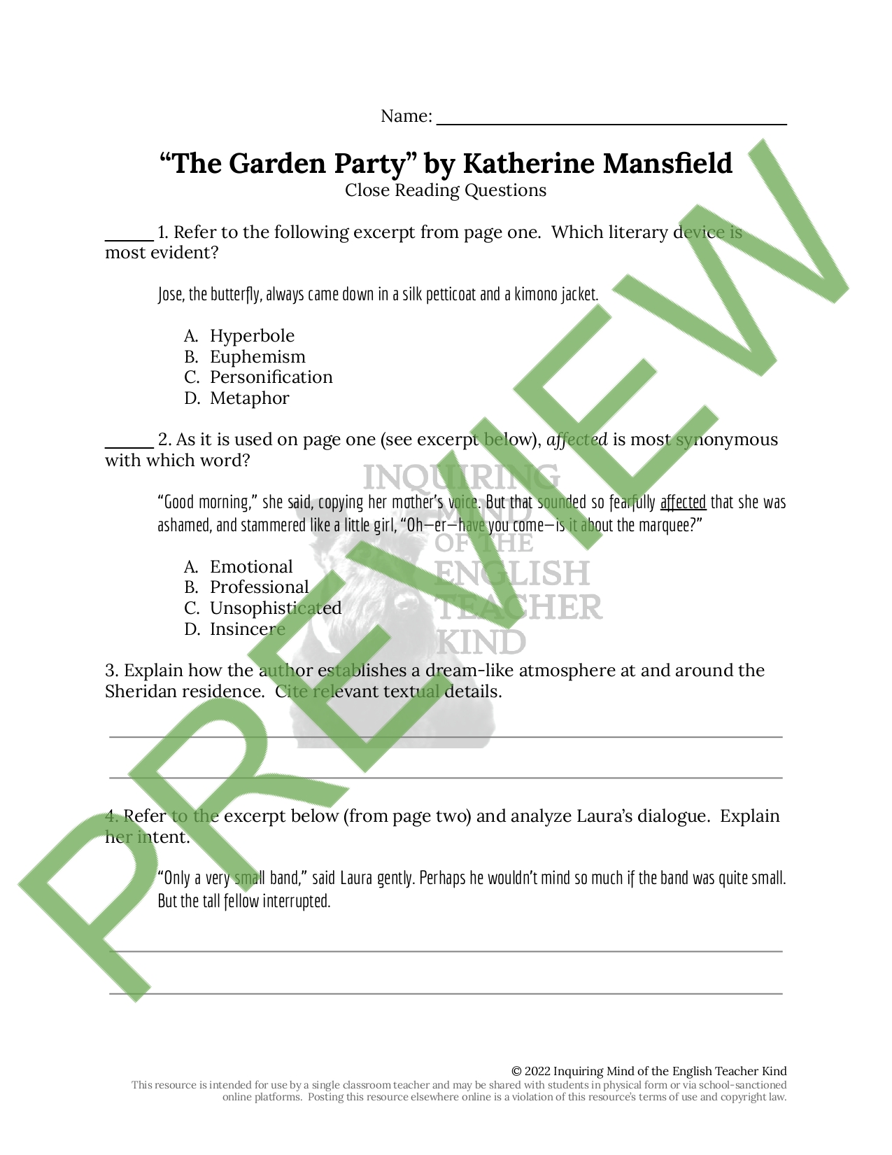 “The Garden Party” by Katherine Mansfield Close Reading Worksheet ...