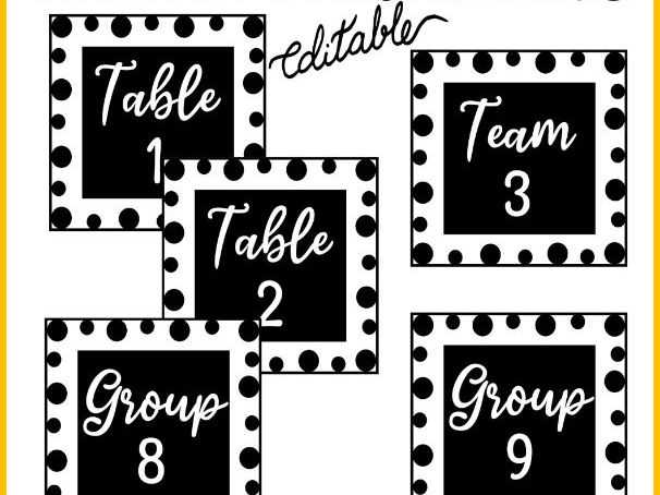 Printable Polka Dots Black and White Table, Team and group Numbers ...