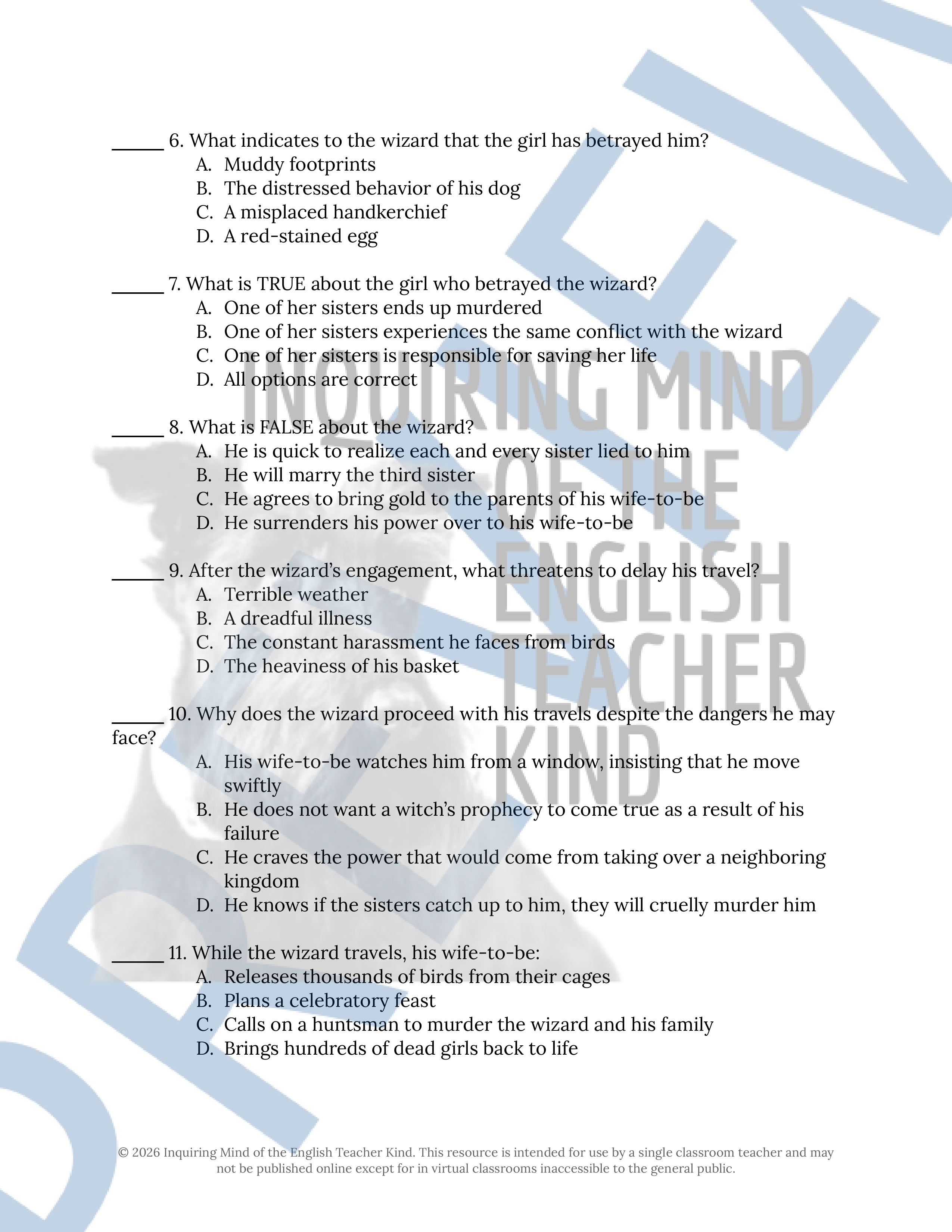 "Fitcher's Bird" Quiz and Answer Key | Brothers Grimm Fairy Tale ...