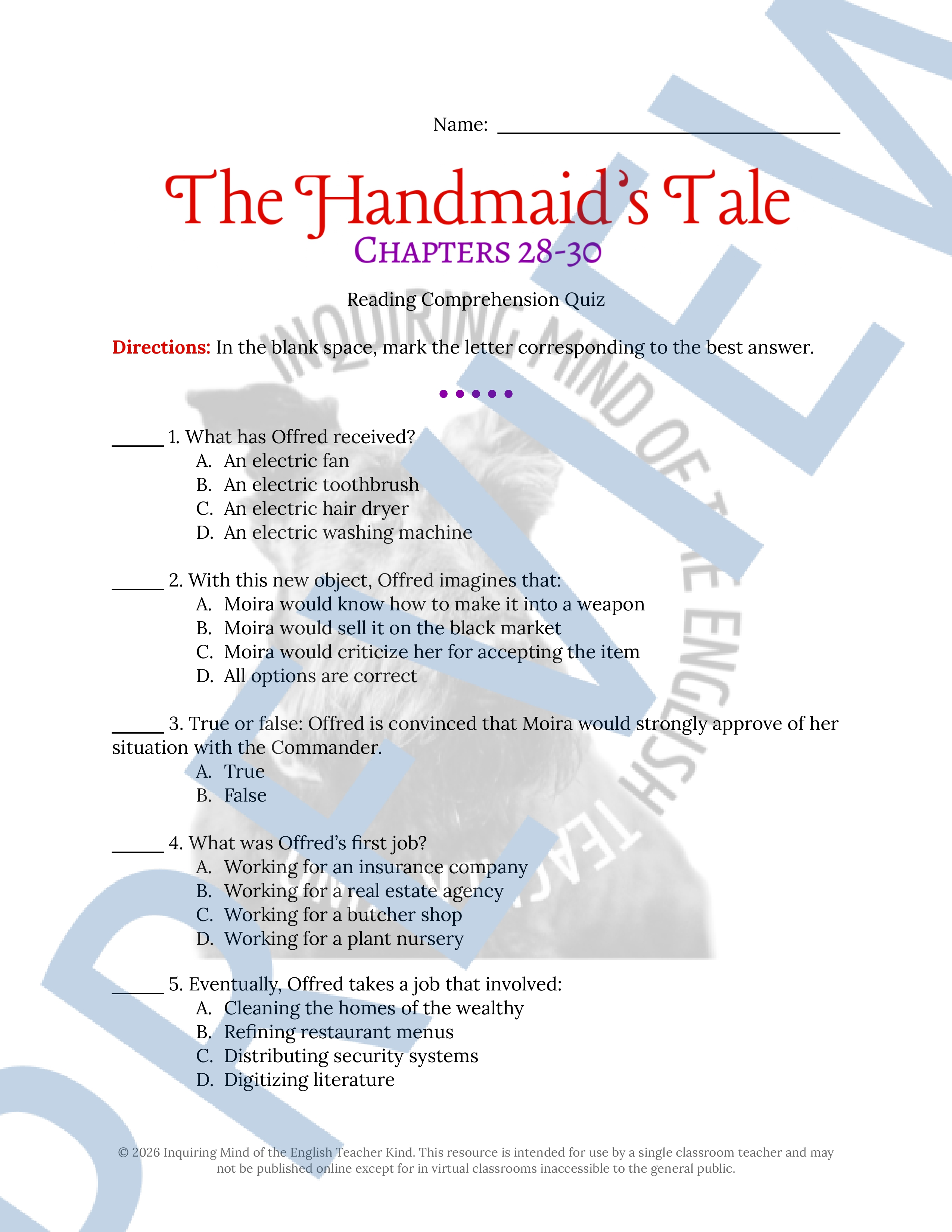 The Handmaid's Tale Chapters 28, 29, and 30 Quiz and Answer Key ...