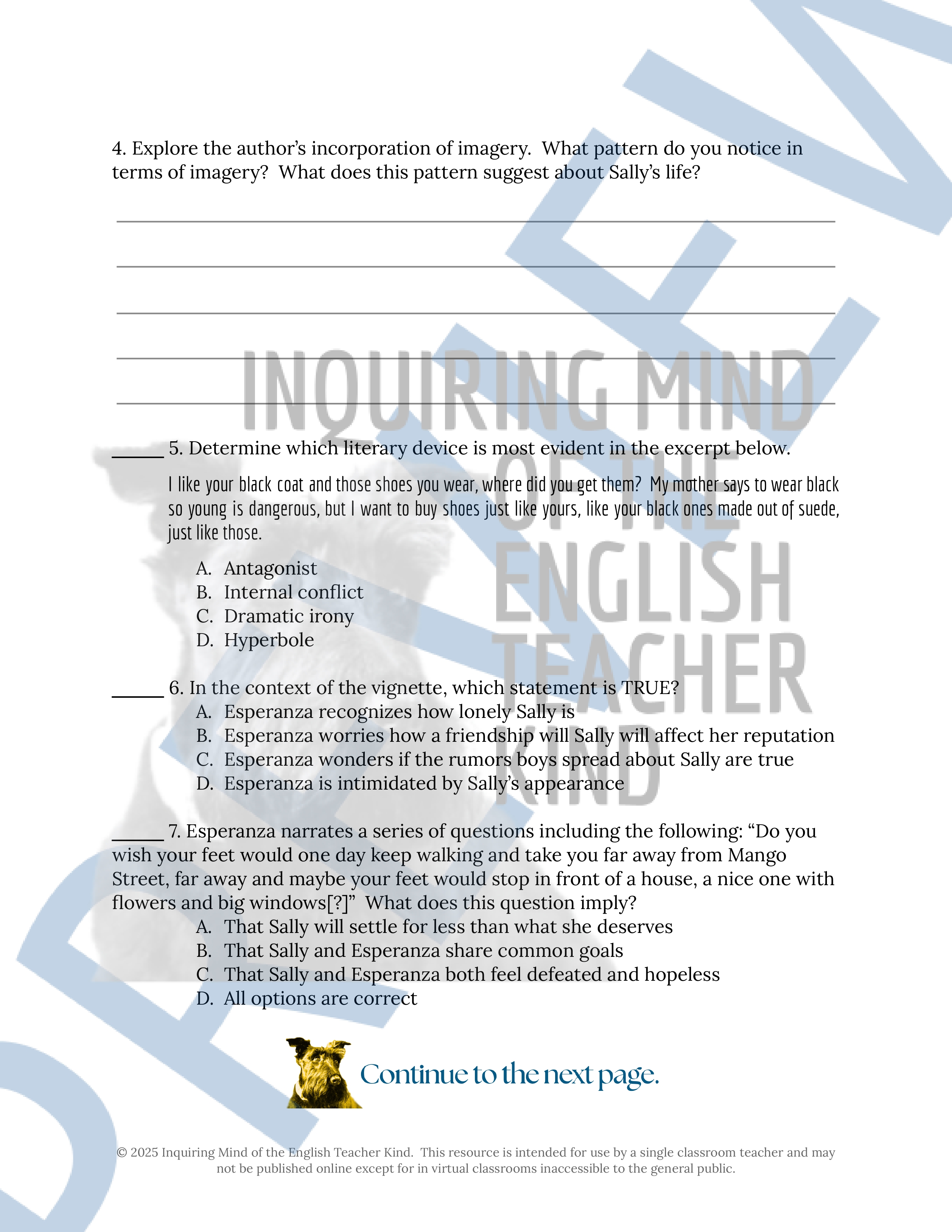 The House on Mango Street "Sally" Close Reading Inference Worksheet ...
