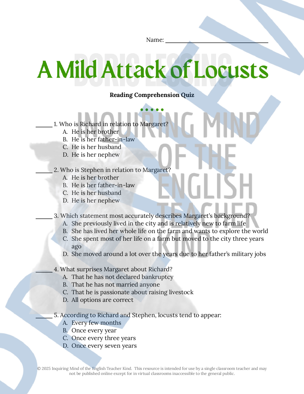 "A Mild Attack of Locusts" by Doris Lessing Quiz and Answer Key ...