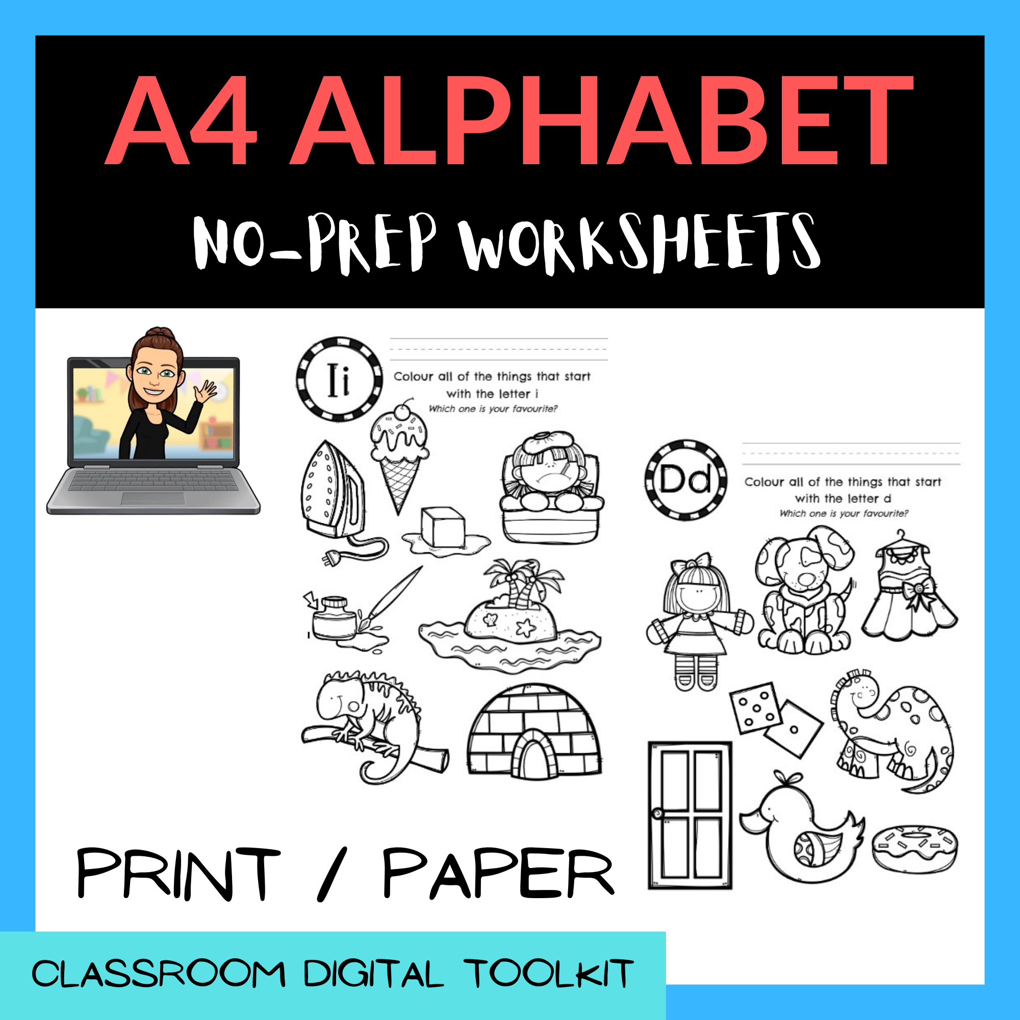 A4 Black and White, Alphabet Colouring Activites A-Z (UK & U.S.A ...